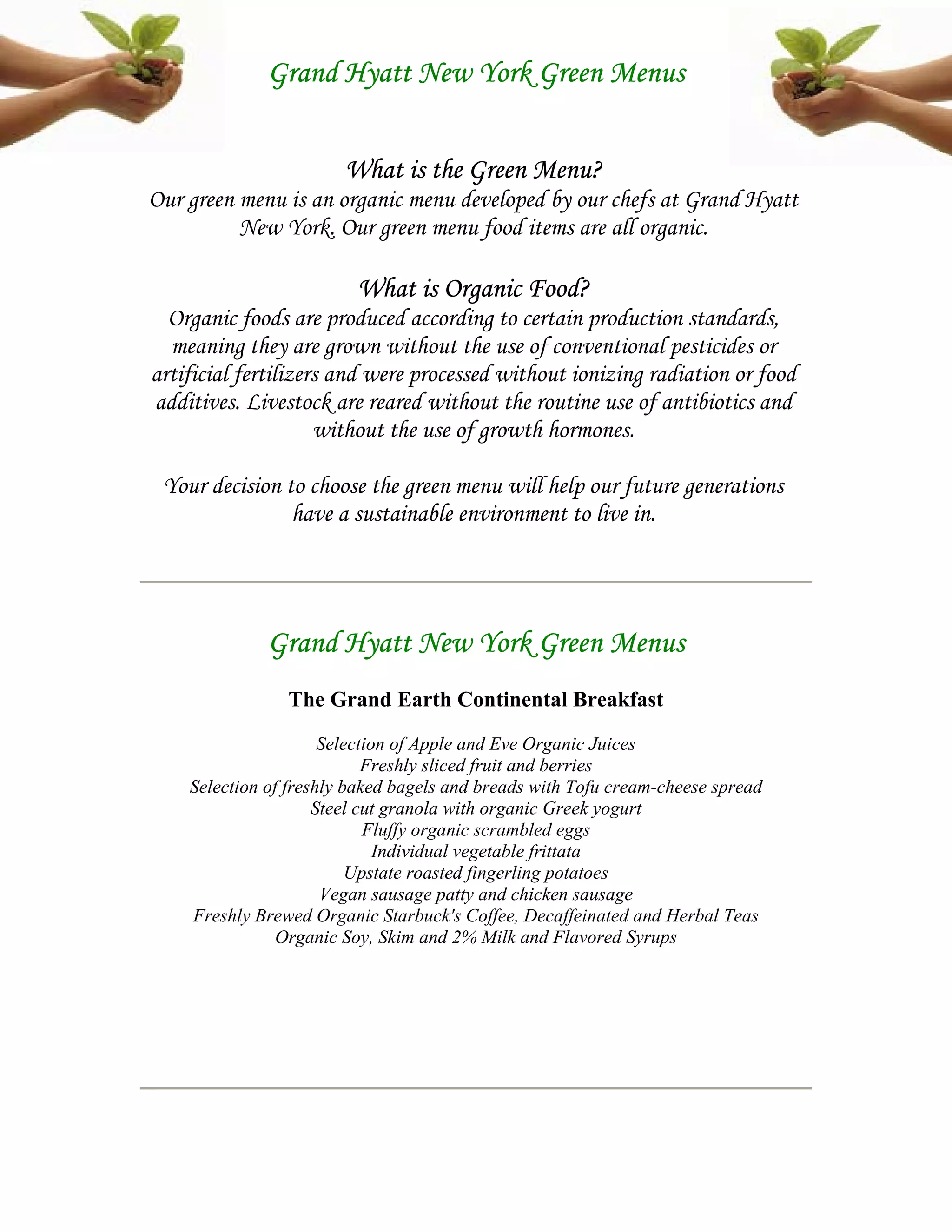Green Menus At Grand Hyatt New York With Intro No Pricing | PDF