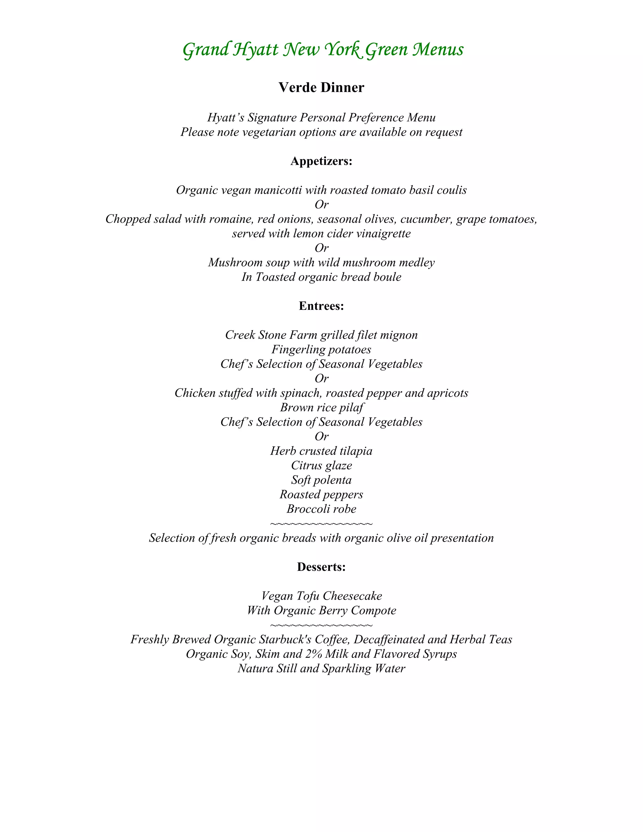 Green Menus At Grand Hyatt New York With Intro No Pricing | PDF