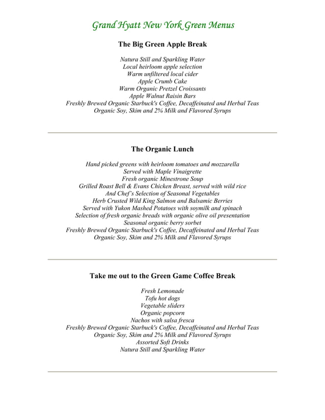 Green Menus At Grand Hyatt New York With Intro No Pricing | PDF