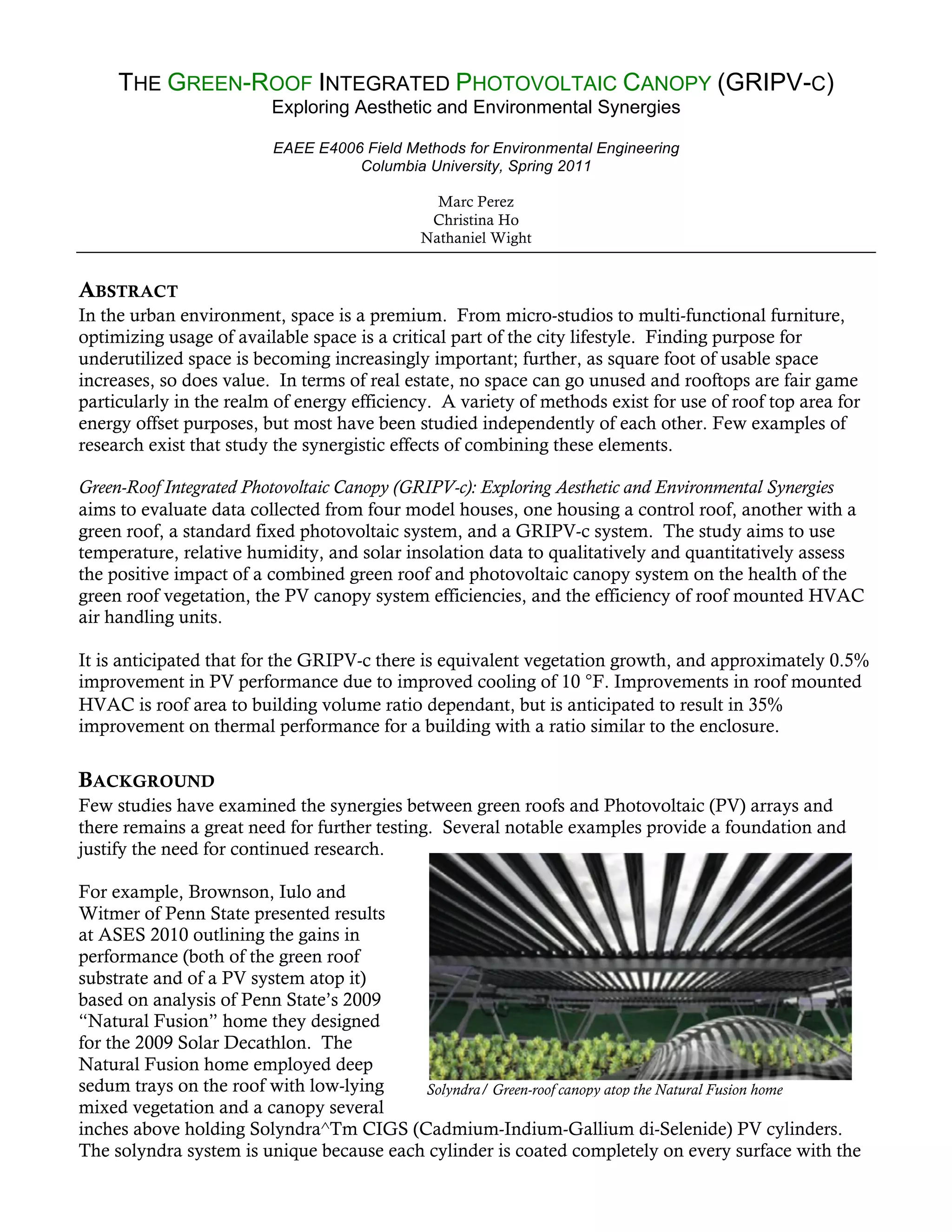 Green-Roof Integrated Photovoltaic Canopy (GRIPV-c) | PDF