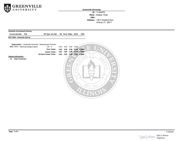 Greenville University Transcript of Deepak Danny Singh December 1, 2022 ...