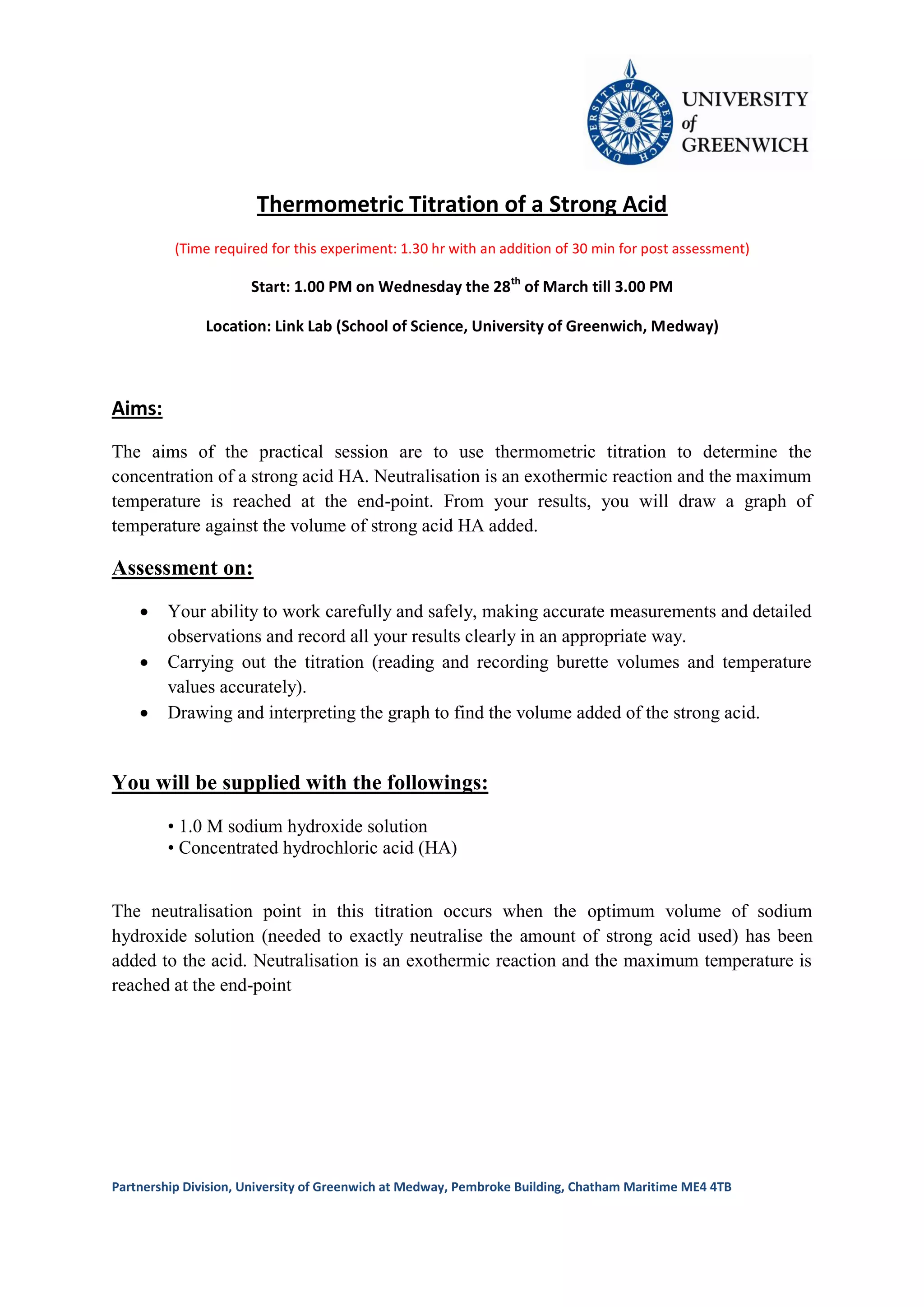 Greenwich chemistry lab session - titration | PDF