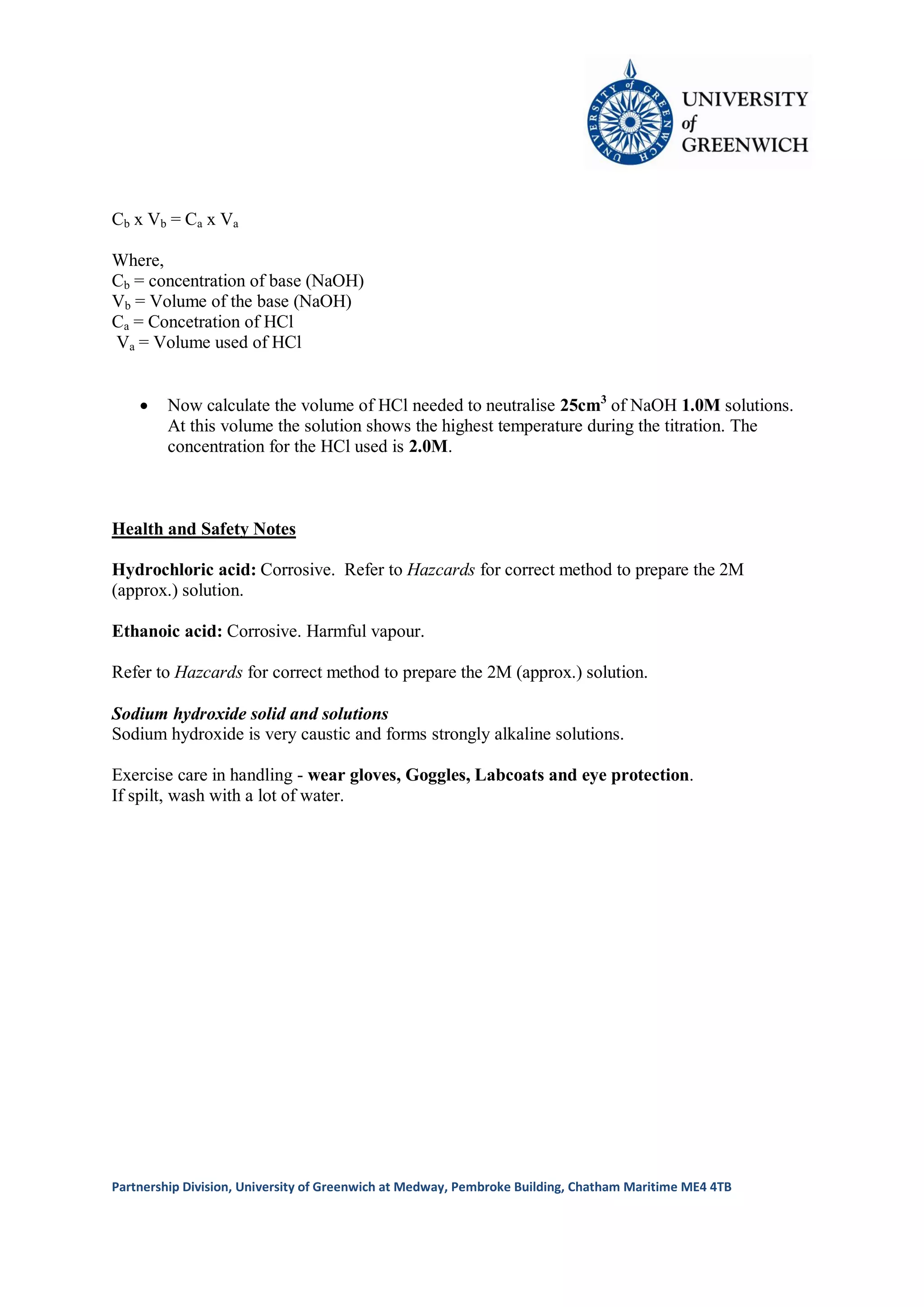 Greenwich chemistry lab session - titration | PDF