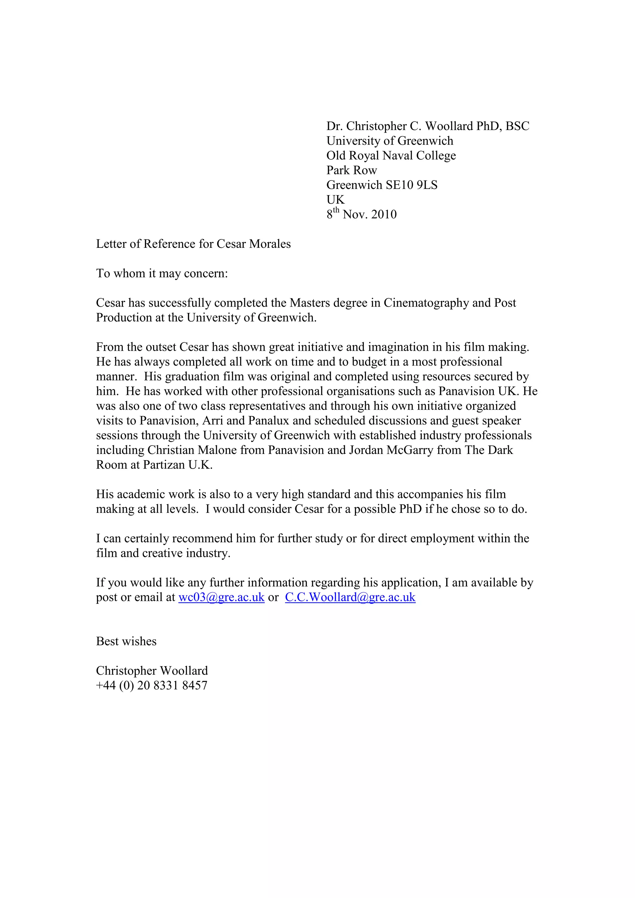 Greenwich Reference Letter | PDF