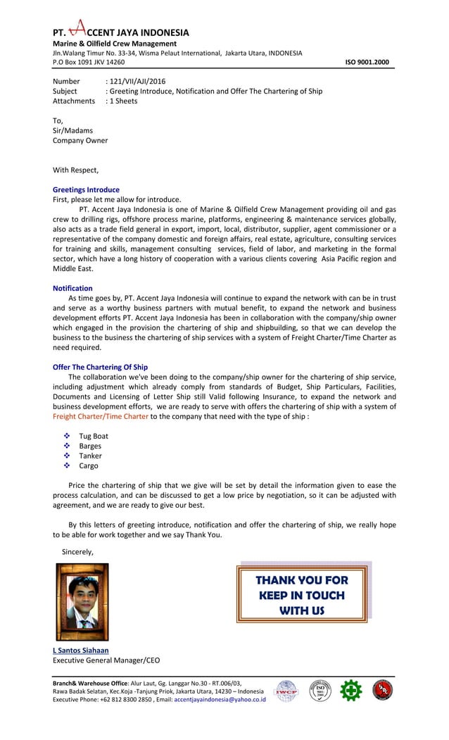 Greeting Introduce Notification and Offers The Chartering Of Ship | PDF