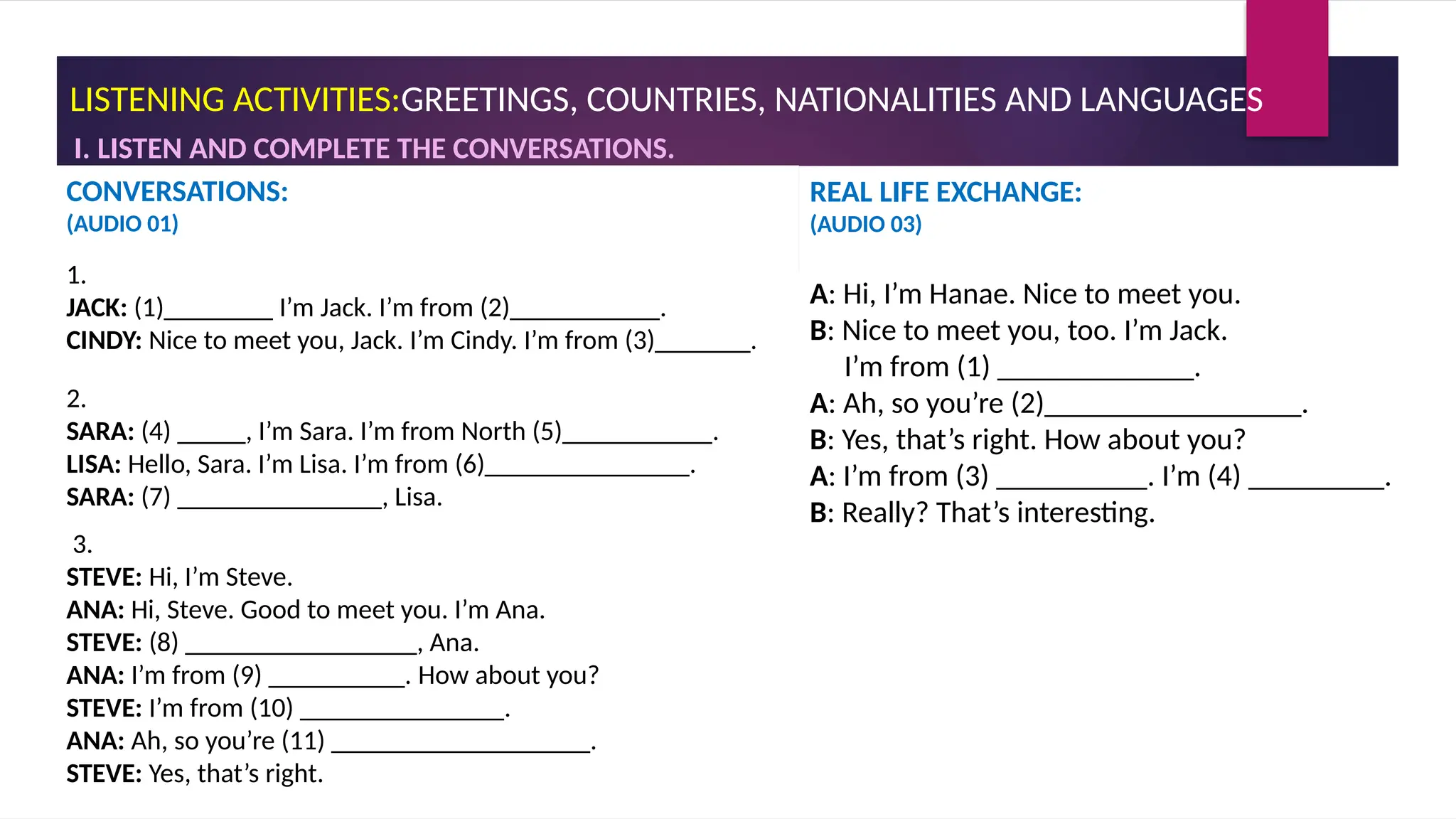 GREETINGS - COUNTRIES-NATIONALITIES-LANGUAGES-LISTENING.pptx