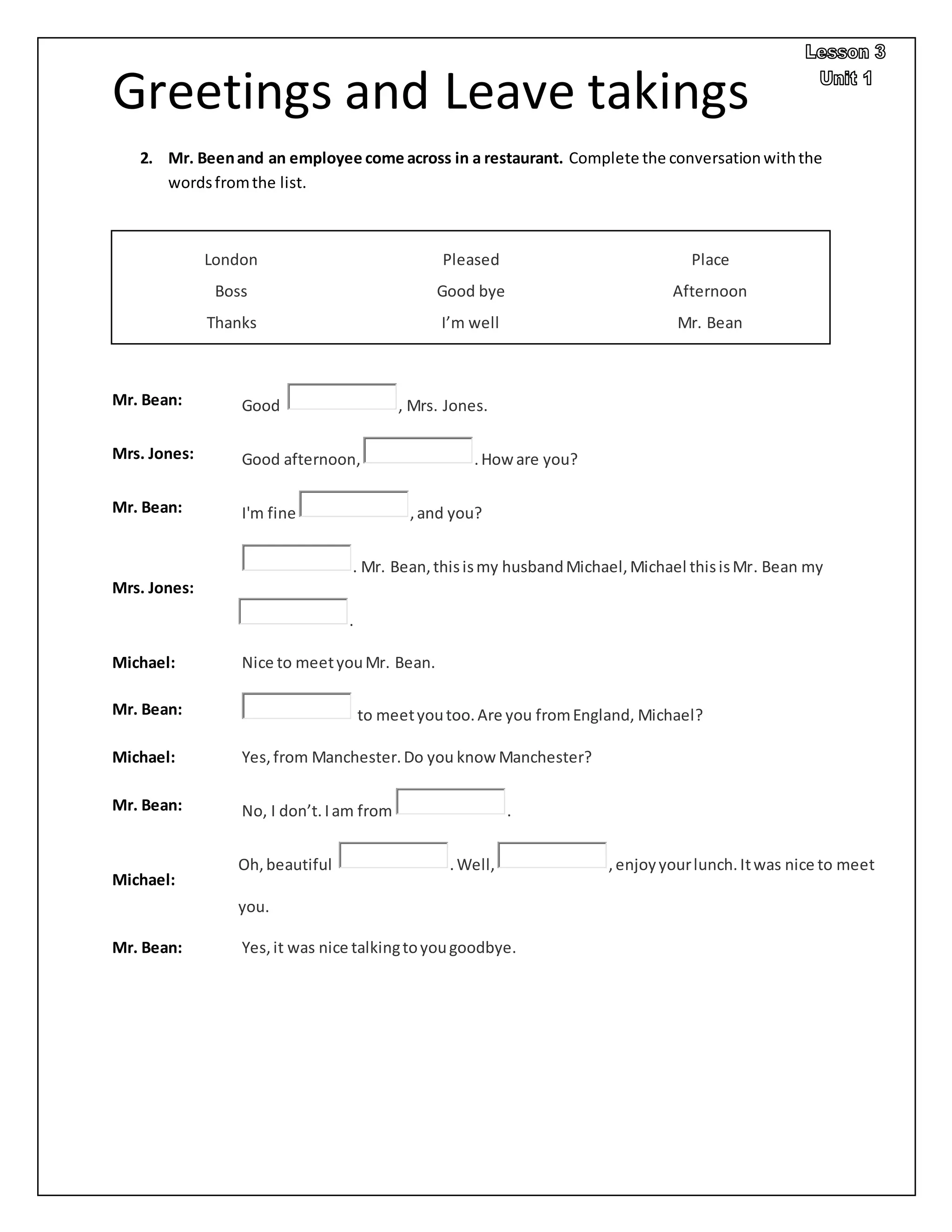 Greetings worksheet | DOCX
