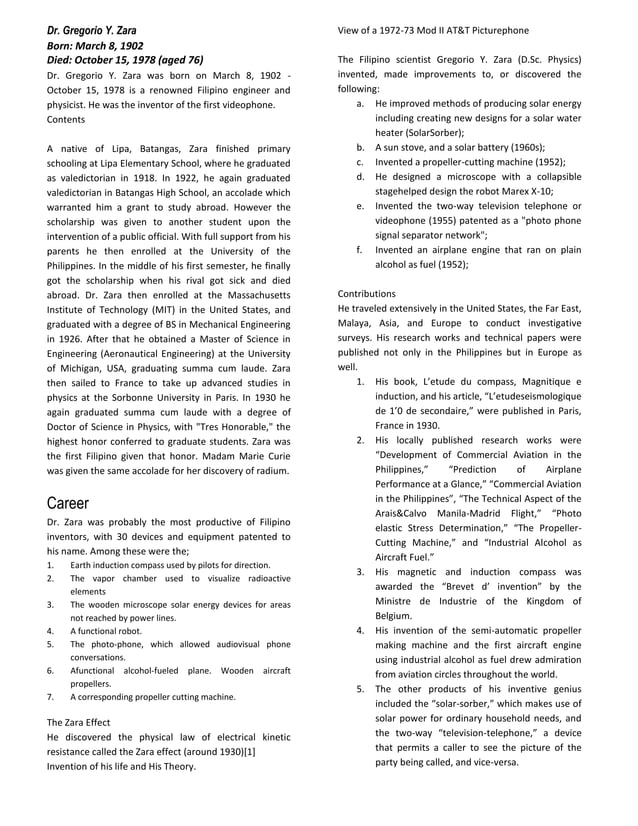 Dr. Gregorio Y. Zara Invented the First Videophone | PDF