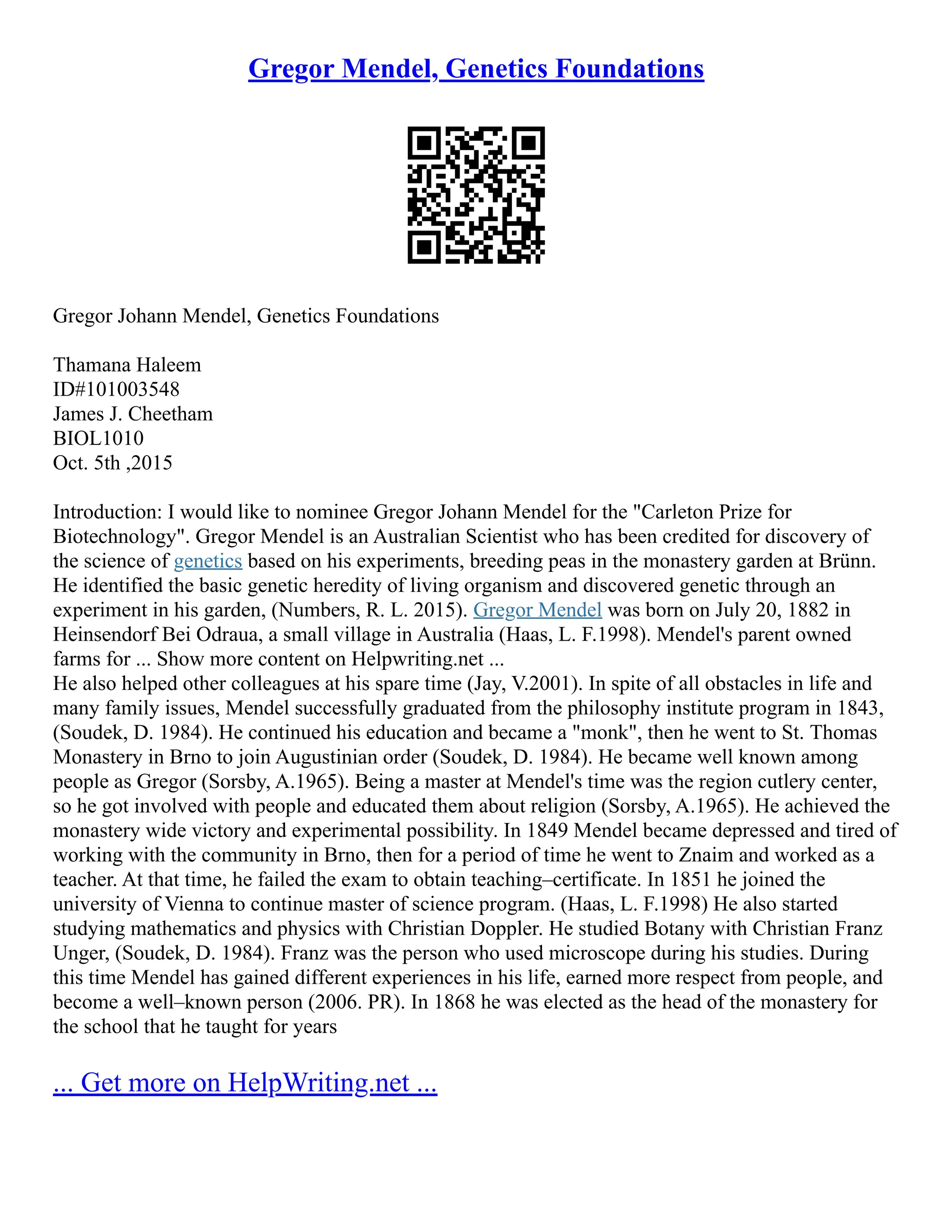 Gregor Mendel, Genetics Foundations | PDF