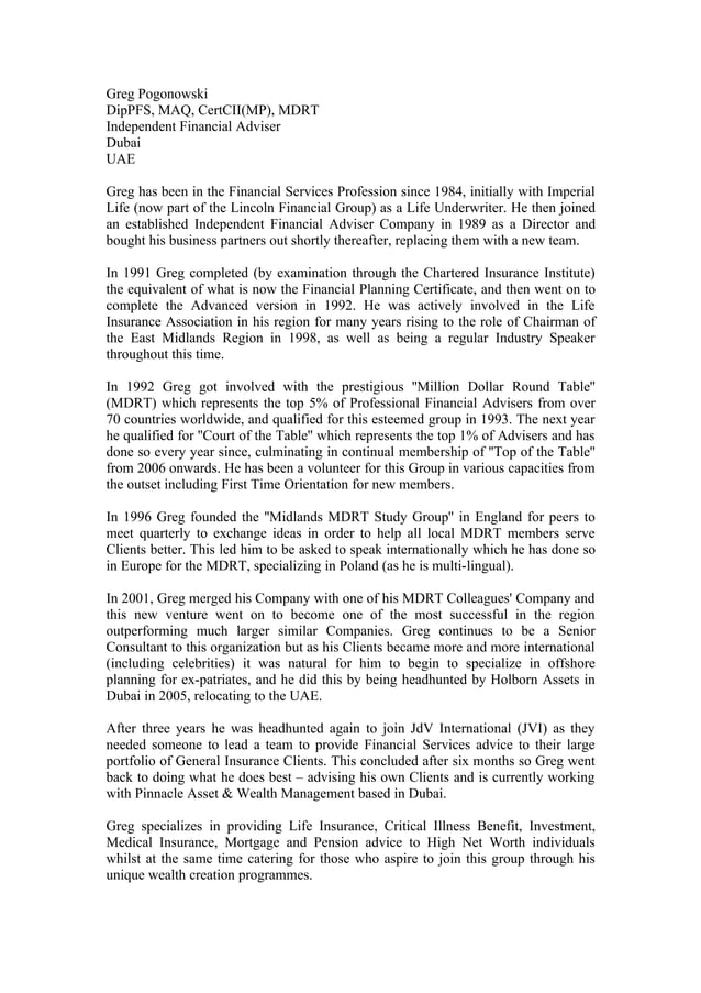 Greg Profile | DOC | Business Accounting & Finance | Business