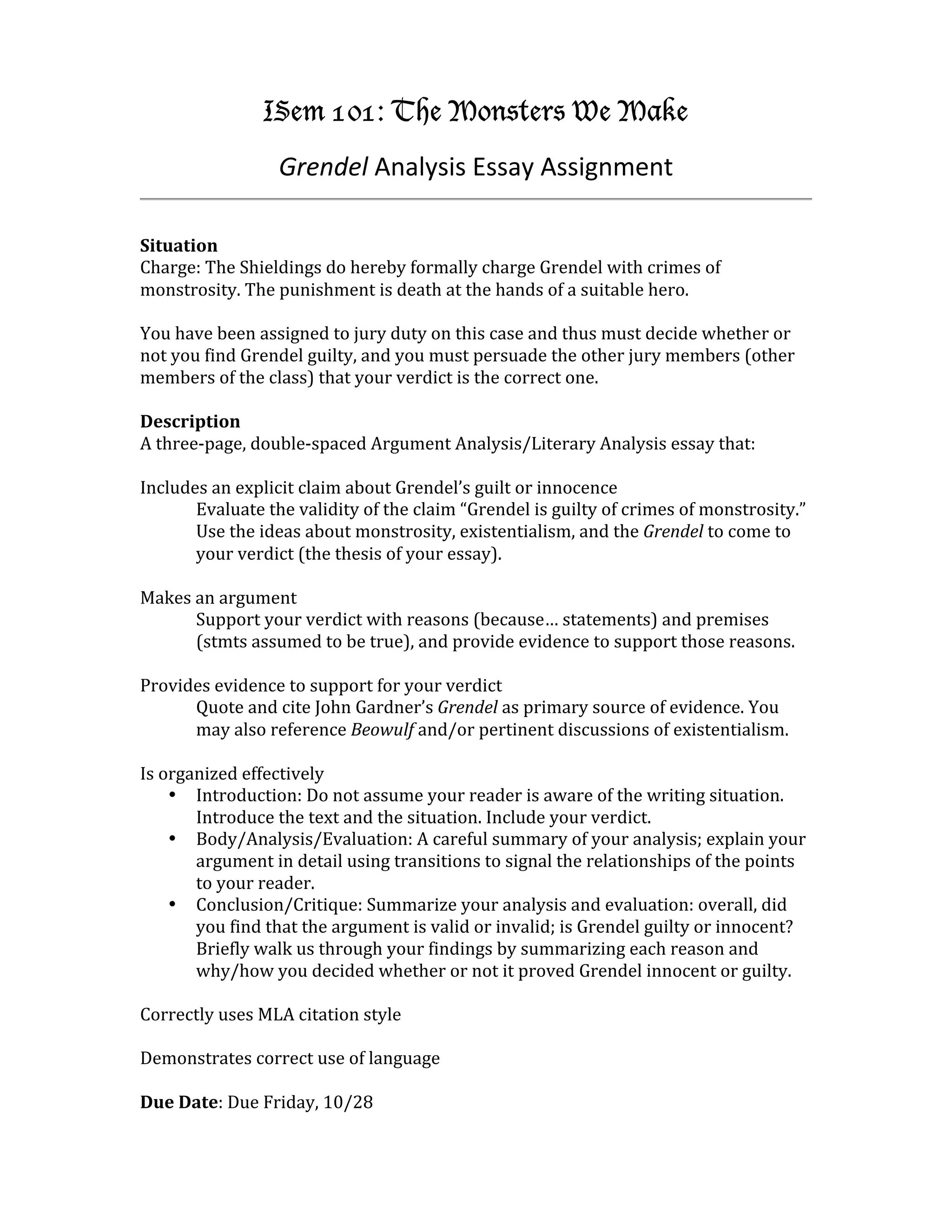 Grendel analysis essay assignment | PDF