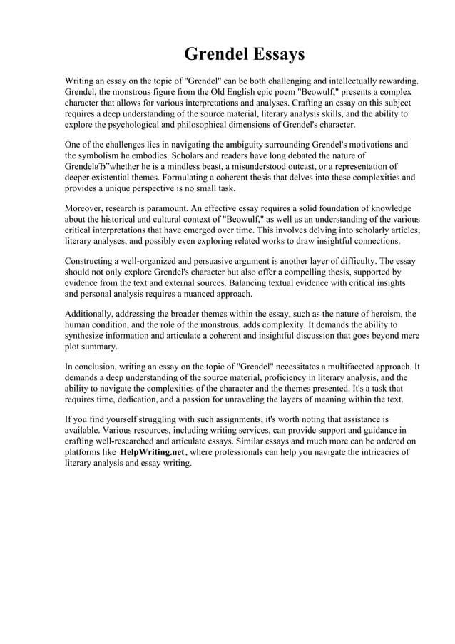 Grendel Essays. Beowulf and Grendel Writing Assignment | PDF