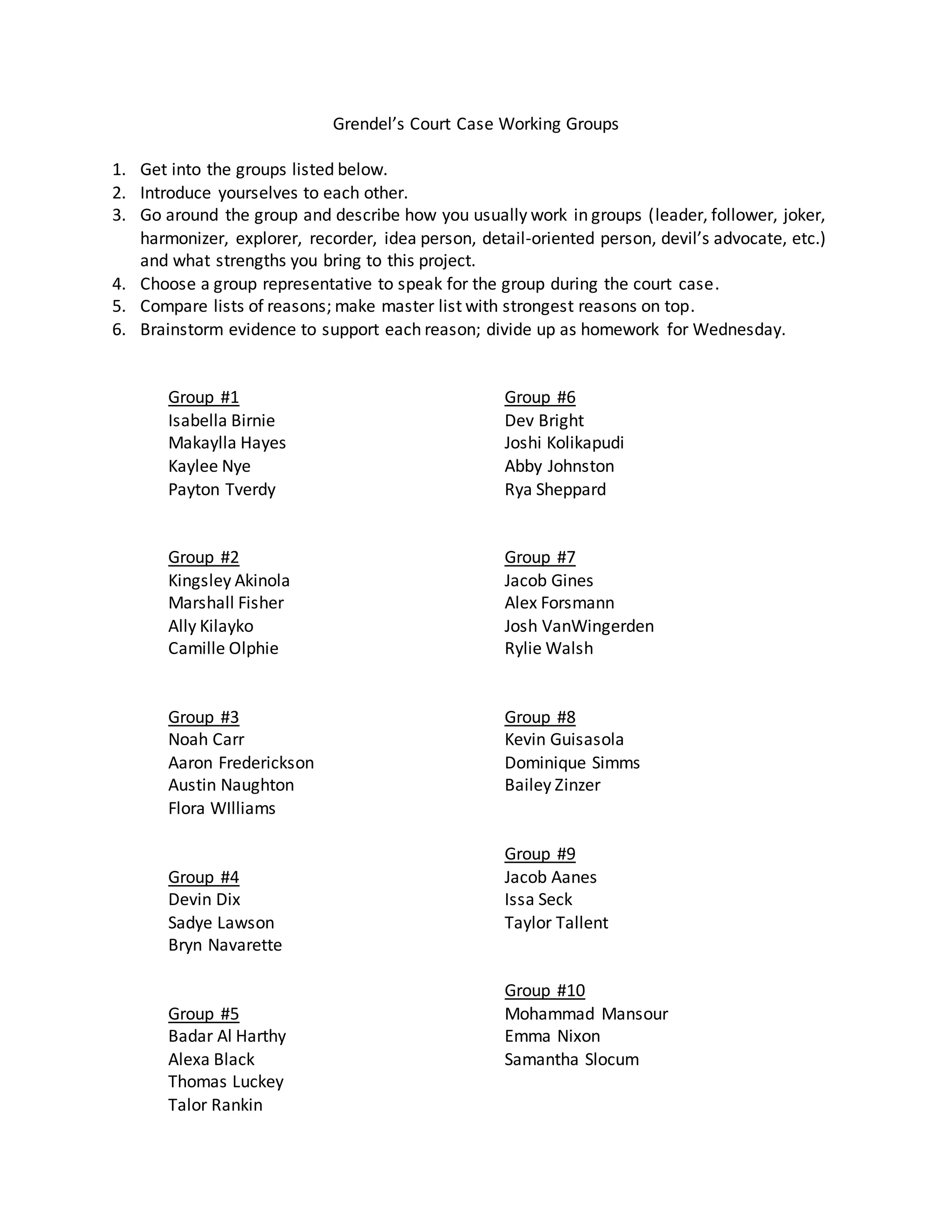 ISem 101 Grendel’s Court Case Working Groups | DOCX