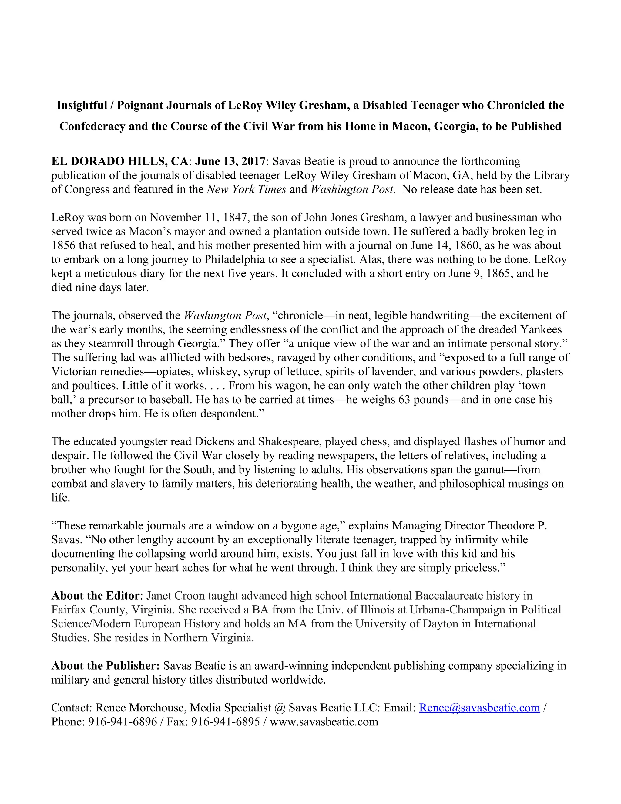 Civil War Journals to be Published | DOC