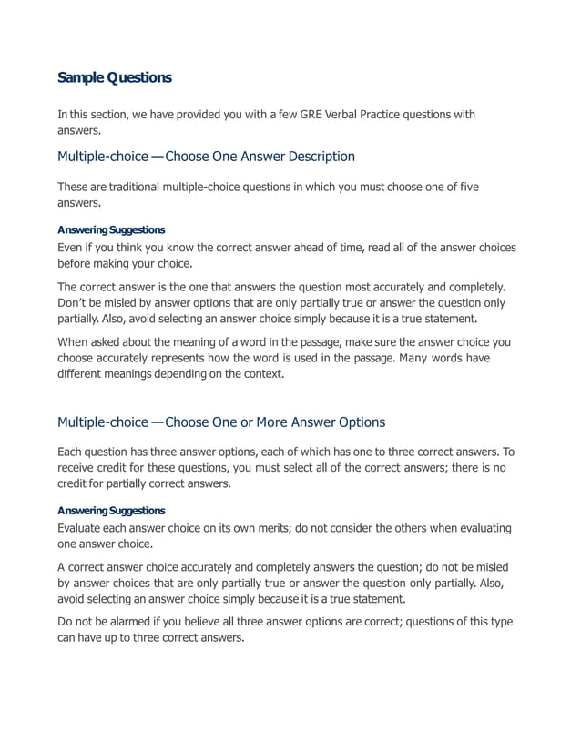 GRE Verbal Practice: Sample Questions and Answers | PPTX | Standardized ...