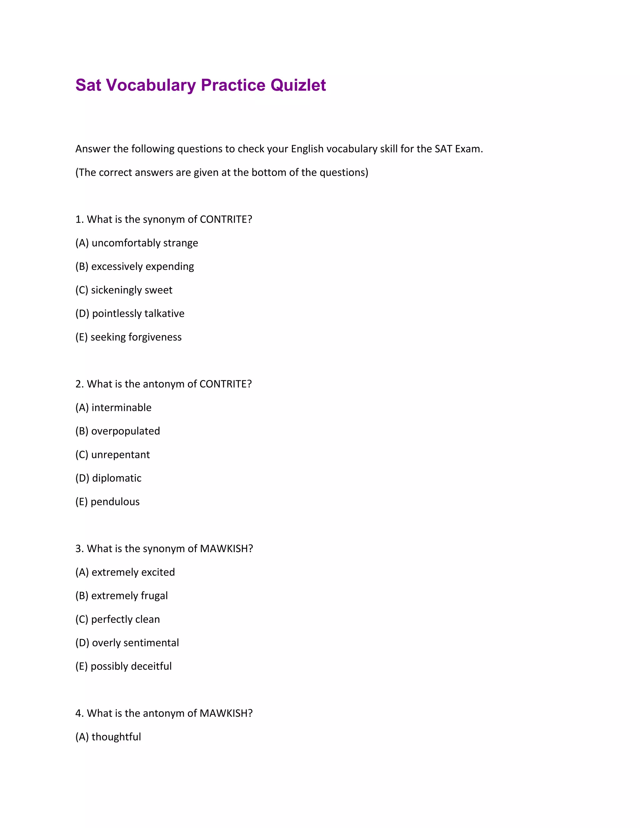 Sat Vocabulary Practice Quizlet | PDF