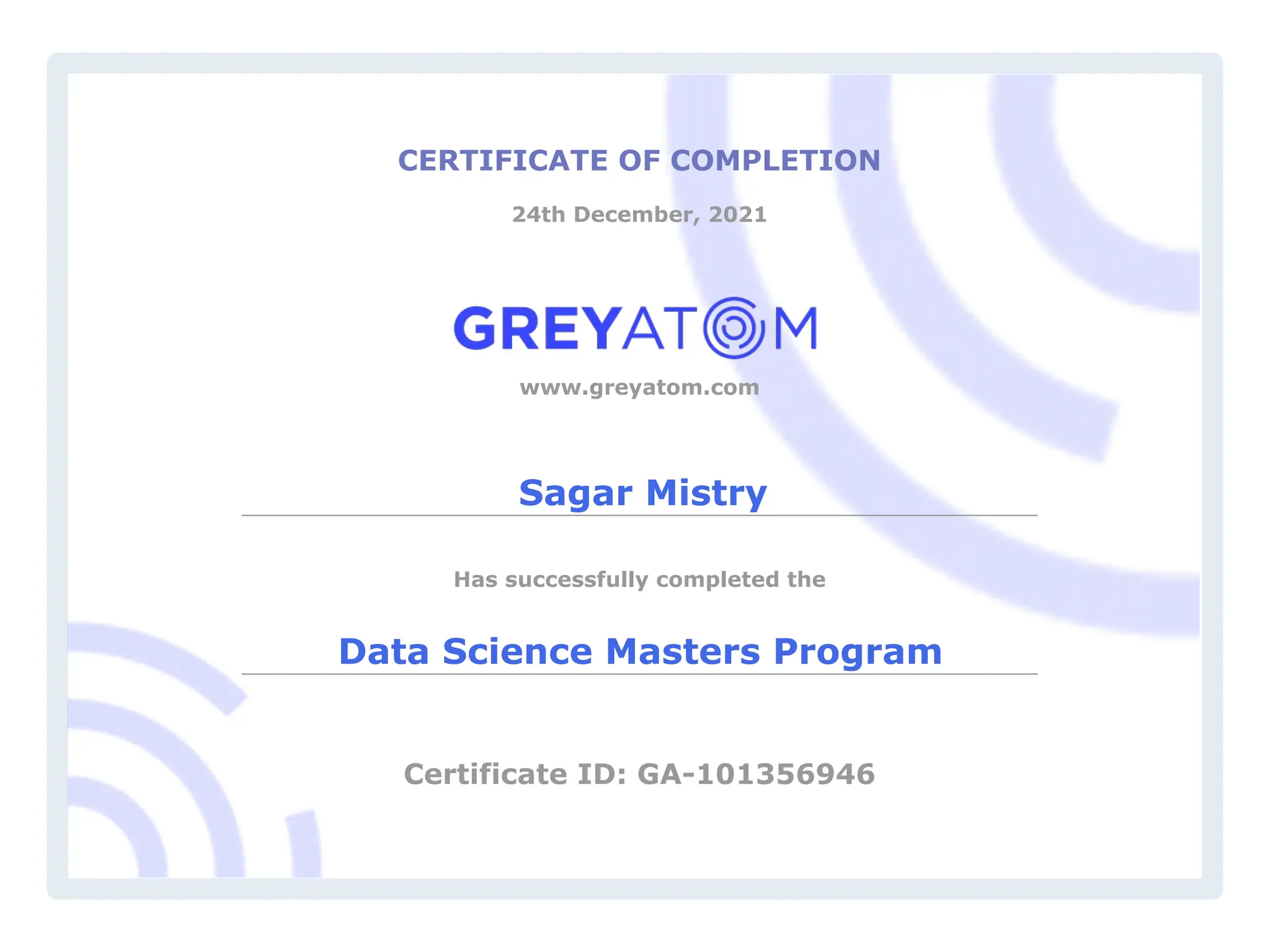 GreyAtom Data Science Master's Program Certificate | PPT