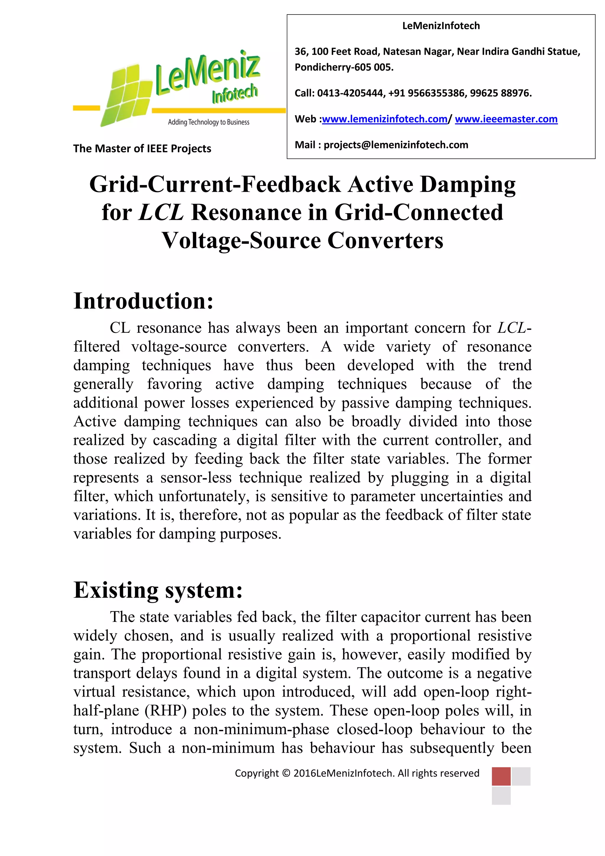 Grid current-feedback active damping for lcl resonance in grid-connected voltage-source ...