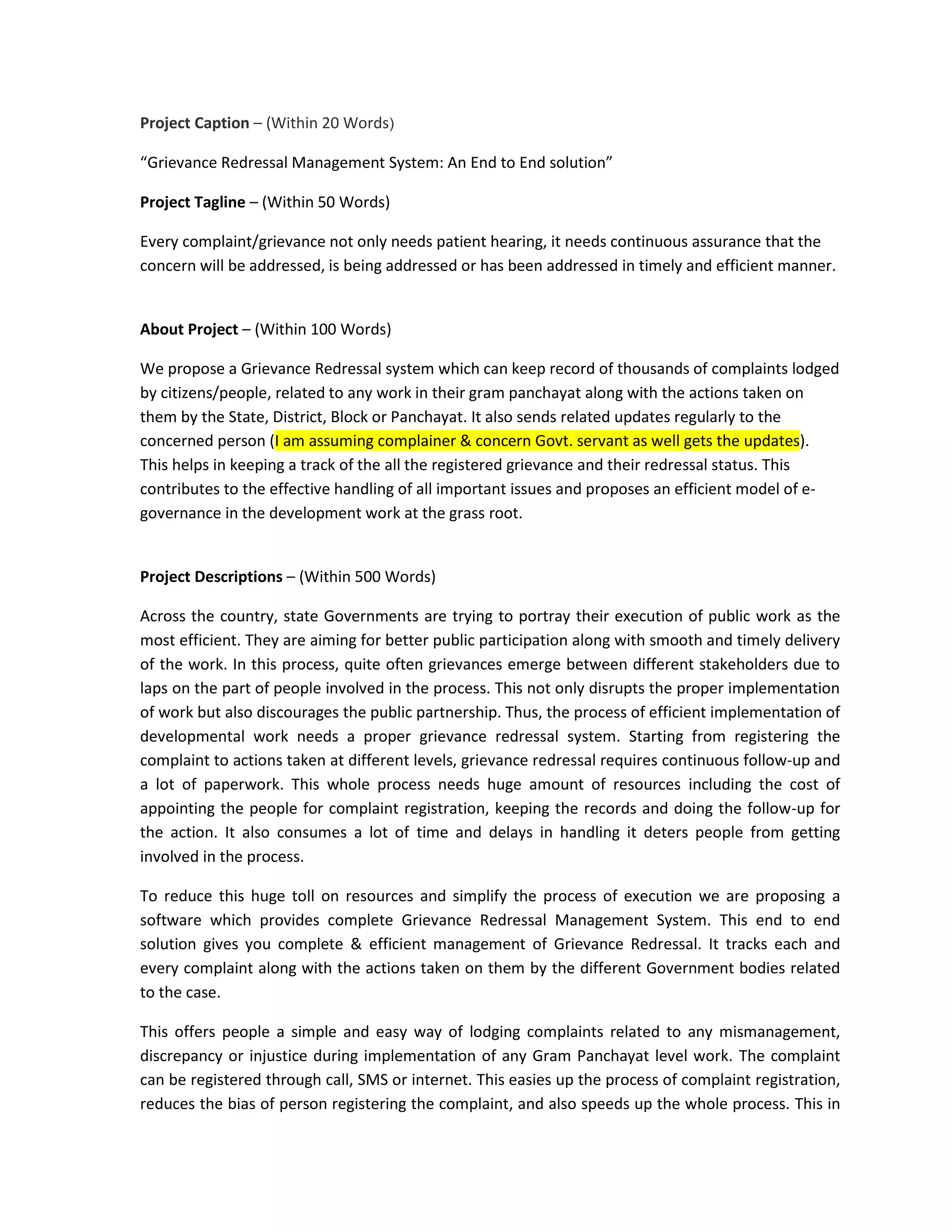 Grievance Redressal Management System | DOCX