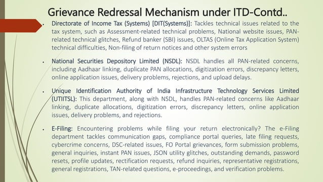 GRIEVANCE REDRESSAL MECHANISM IN ITD.pptx | Personal Taxes | Personal Finance