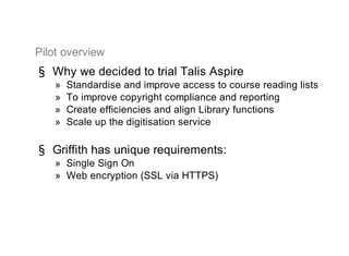 Griffith Talis Aspire User Group | PPT