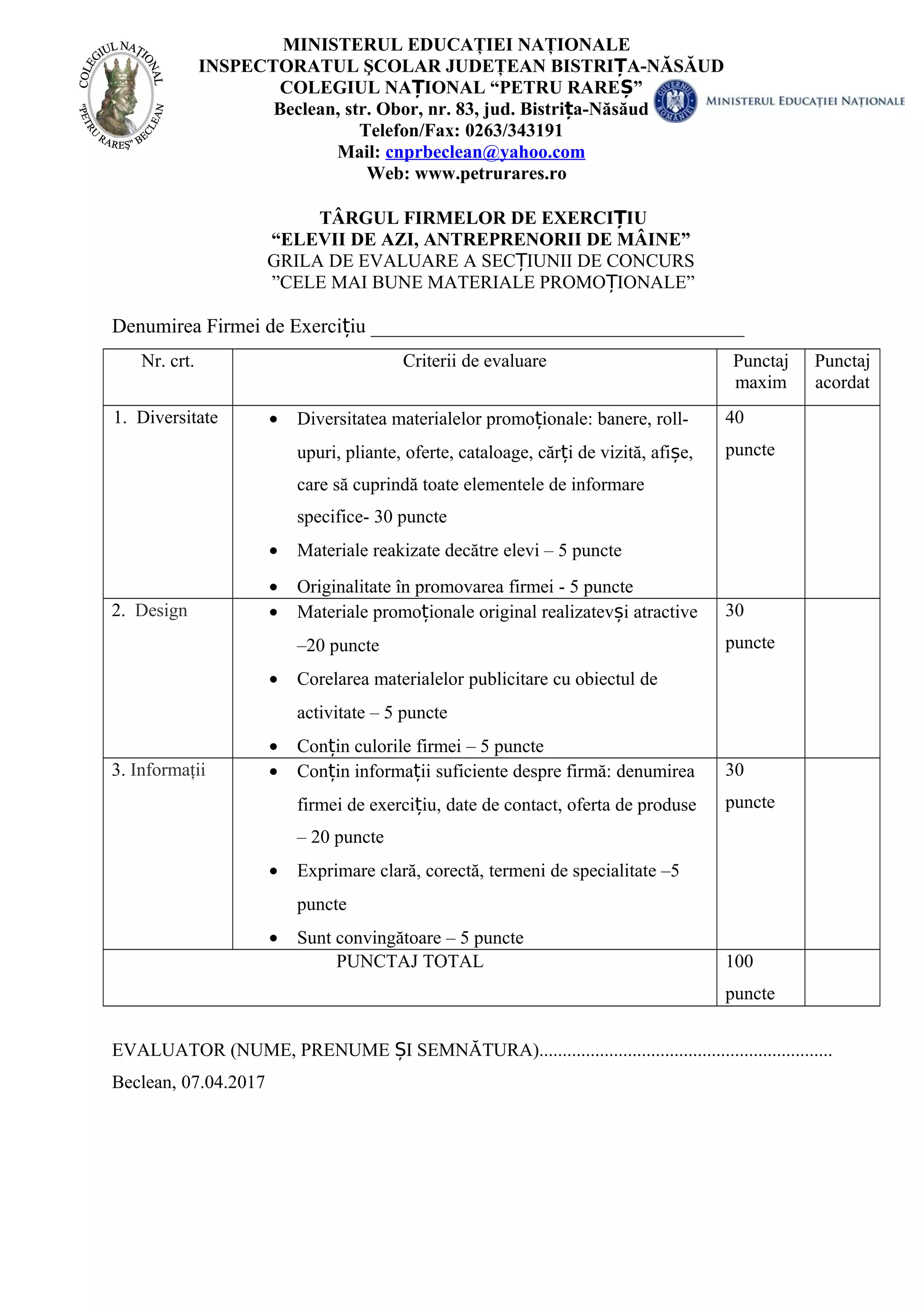 Grila de evaluare materiale promoționale | DOC