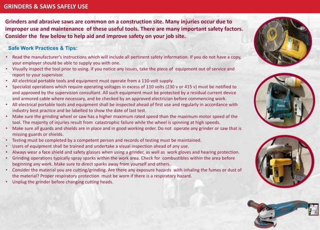 GRINDERS & SAWS SAFELY USE | PPTX | First Aid | Injuries