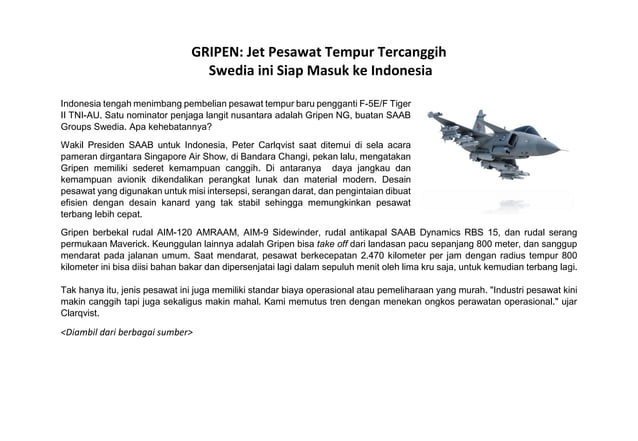 Gripen: Jet Pesawat Tempur Tercanggih Swedia ini siap masuk ke Indonesia | PPT