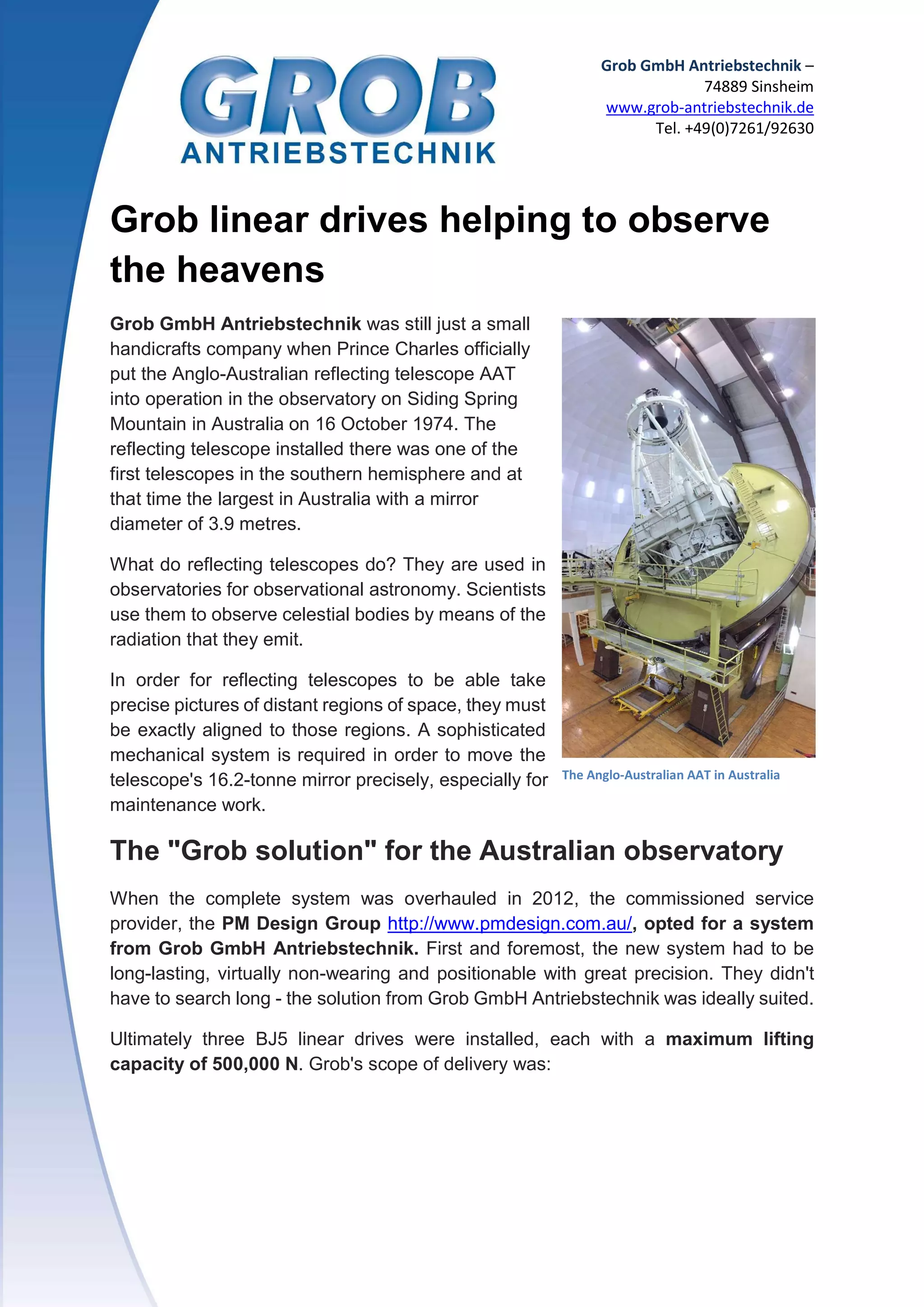 Grob linear drives helping to observe the heavens | PDF