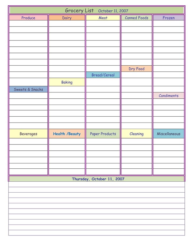 Grocery List With Organized Columns And Rows And Extra Space For Errand ...