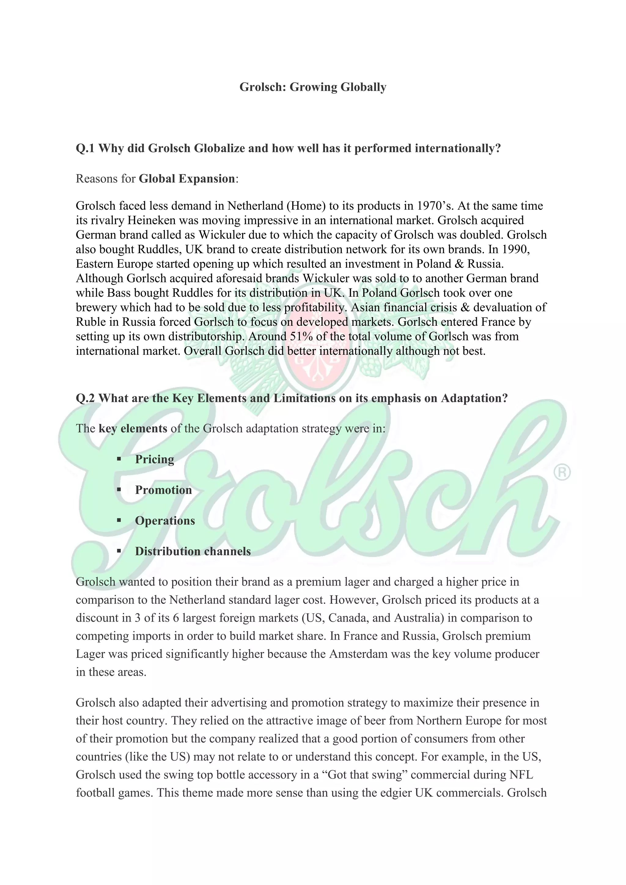 Grolsch growing globally beer case study | PDF
