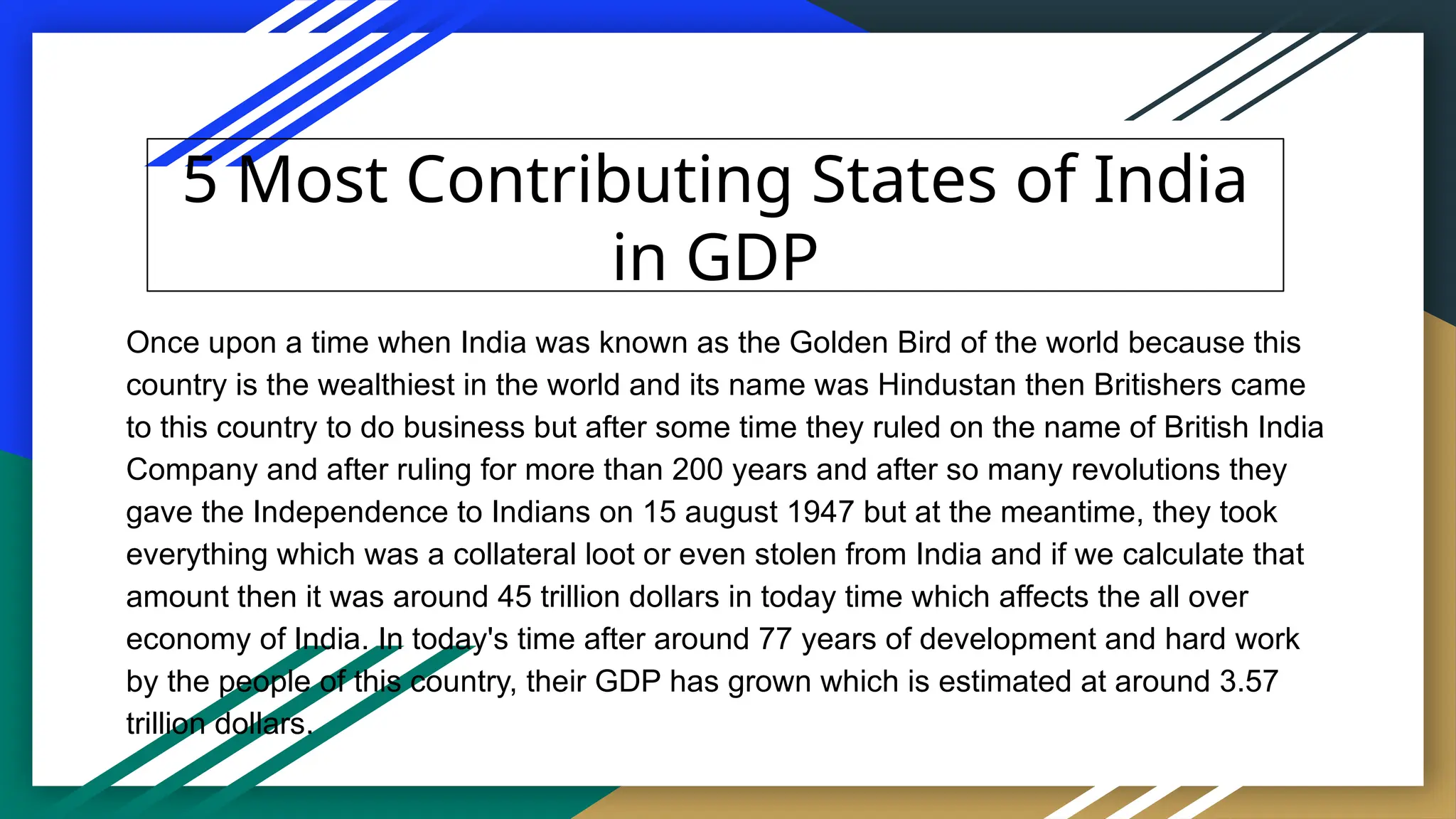 Contribute States of India in Growing GDP | PPT