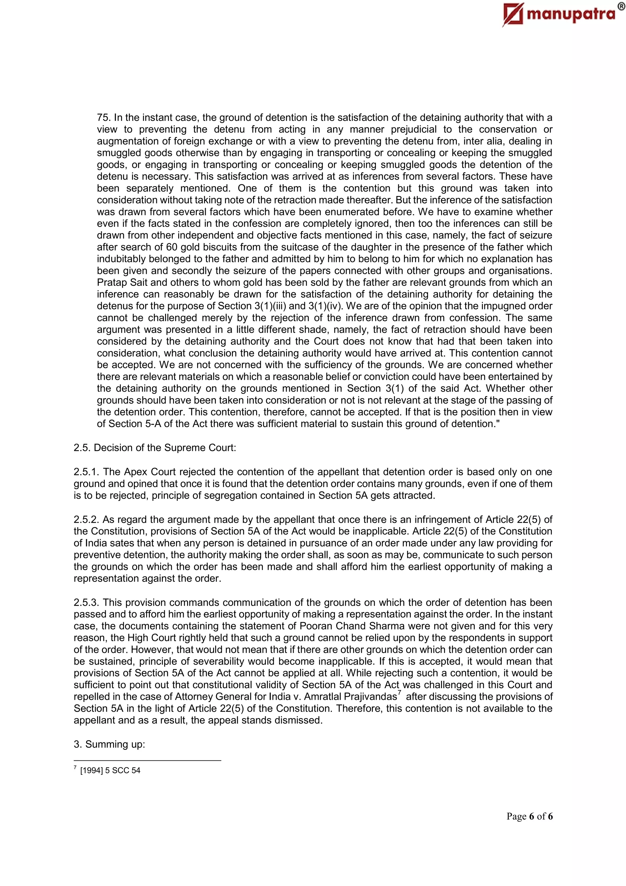 Grounds of detention under cofeposa is valid even if one of grounds is legally unsustainable | PDF