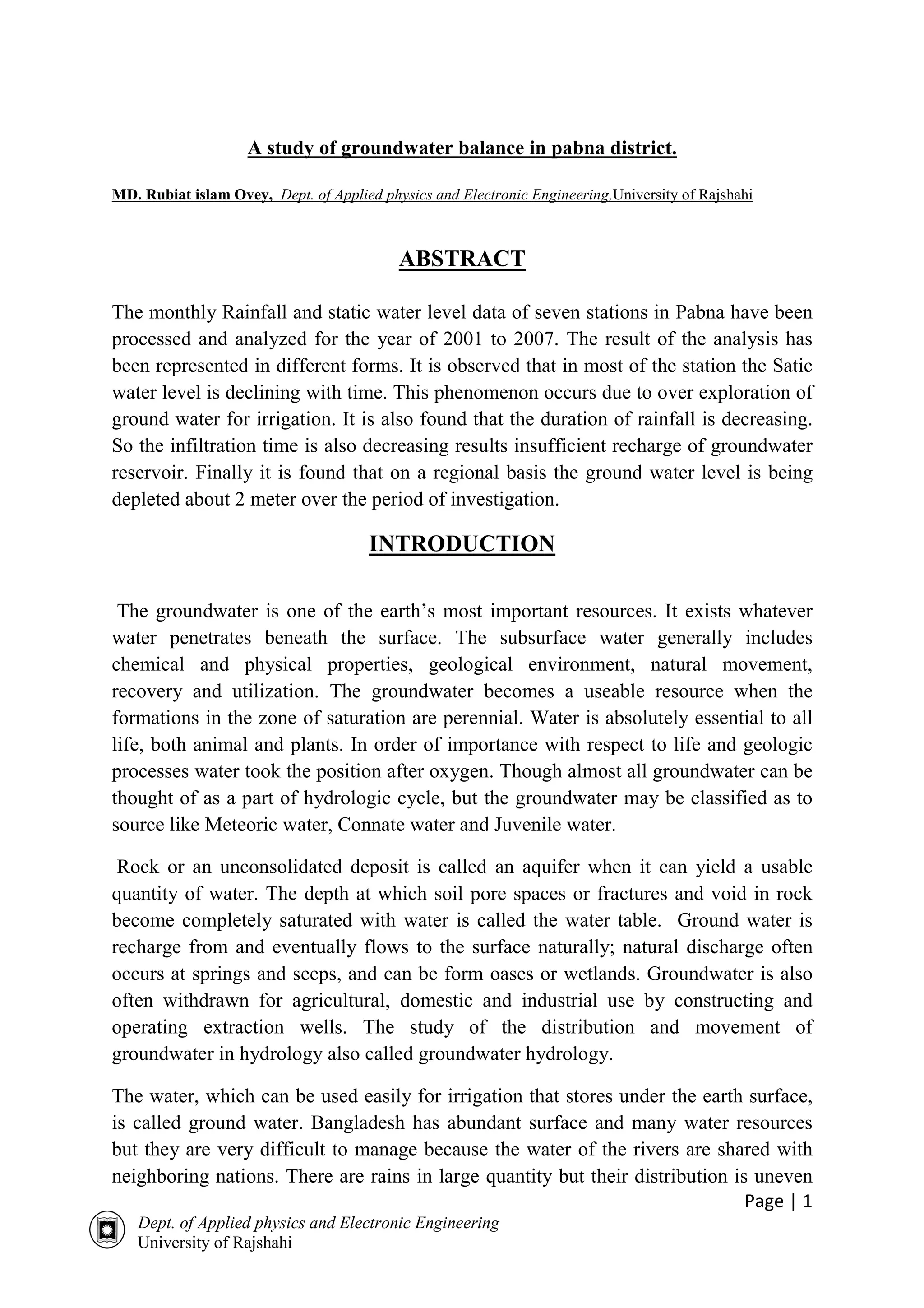 Groundwater balance in pabna, bangladesh | PDF
