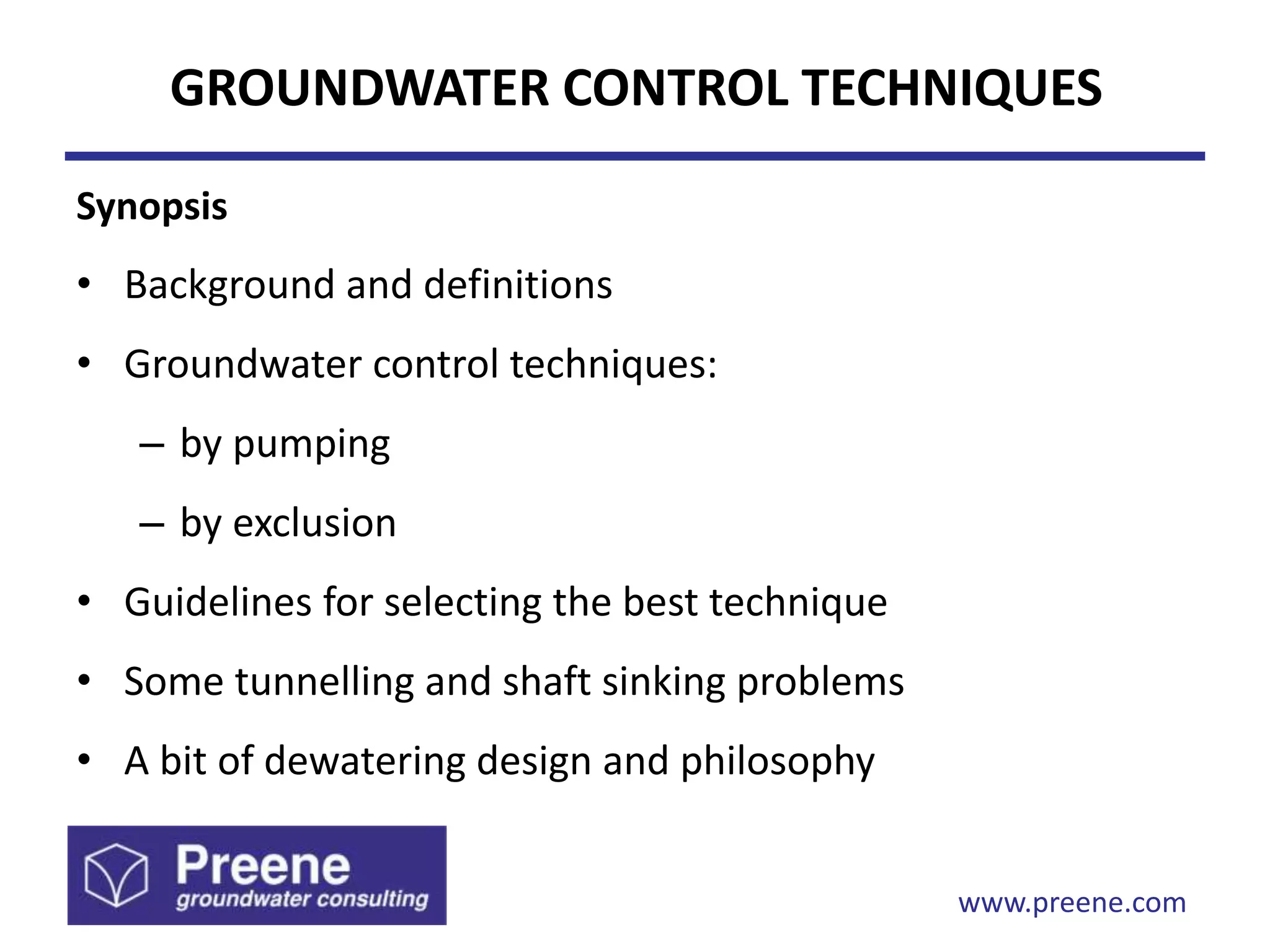 Groundwater Control Techniques for Tunnelling and Shaft Sinking | PPTX
