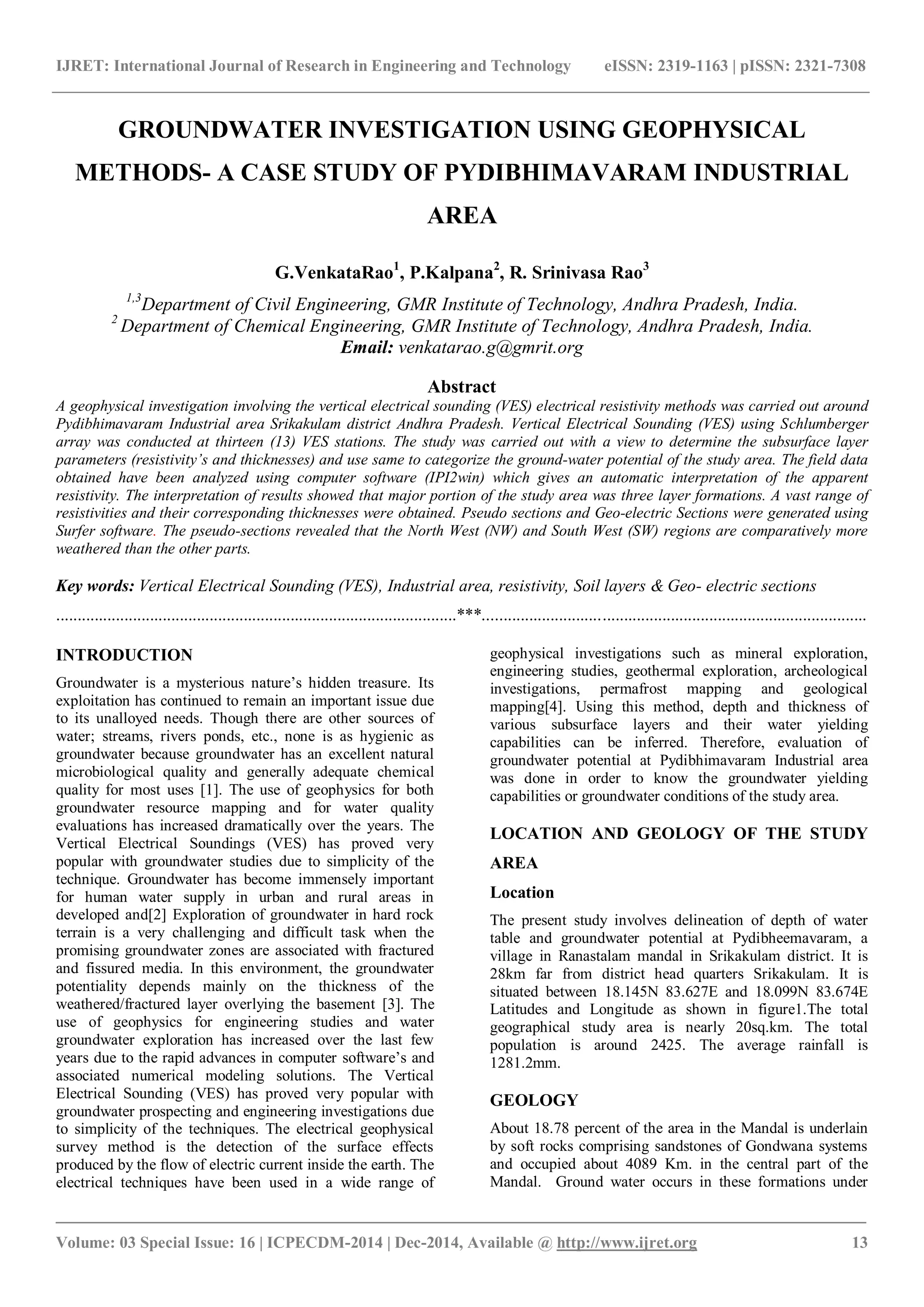 Groundwater investigation using geophysical methods a case study of pydibhimavaram industrial ...