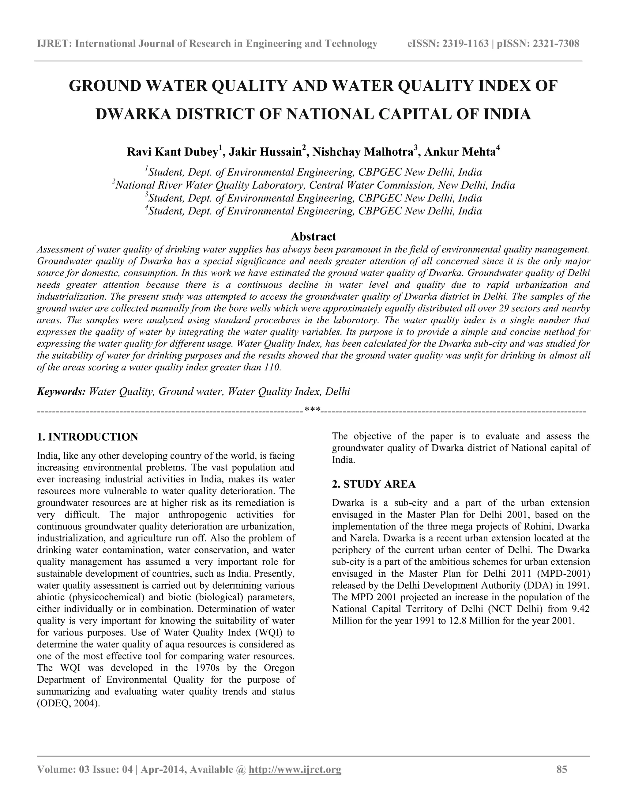 Ground water quality and water quality index of dwarka district of ...