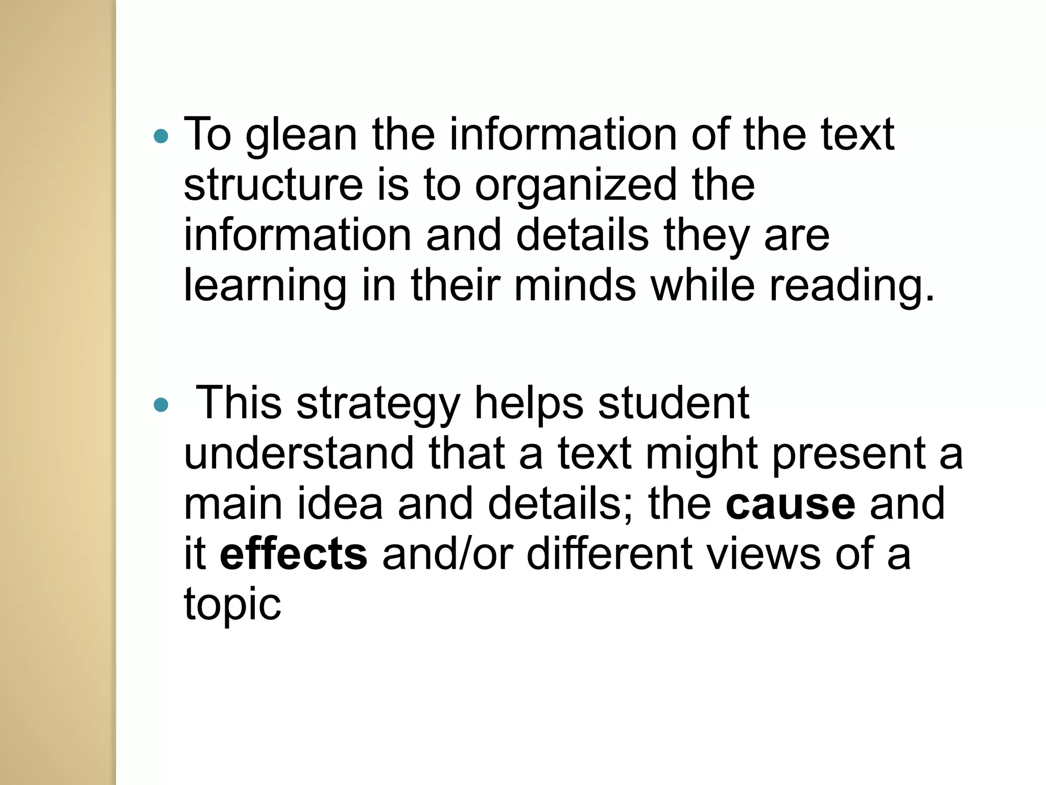 Uses knowledge of text structure to glean the information he/she needs ...