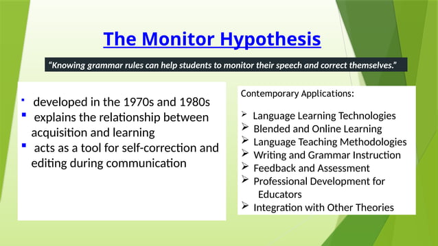 MONITOR MODEL by Stephen Krashen a theory of linguistics | PPT