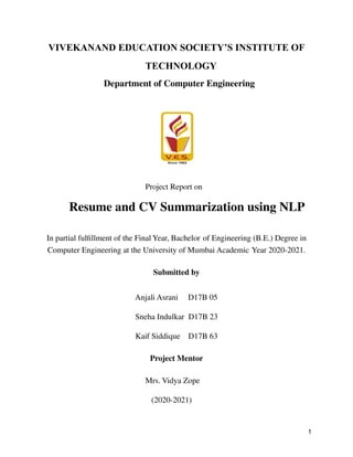 Resume and CV Summarization using NLP Report | PDF