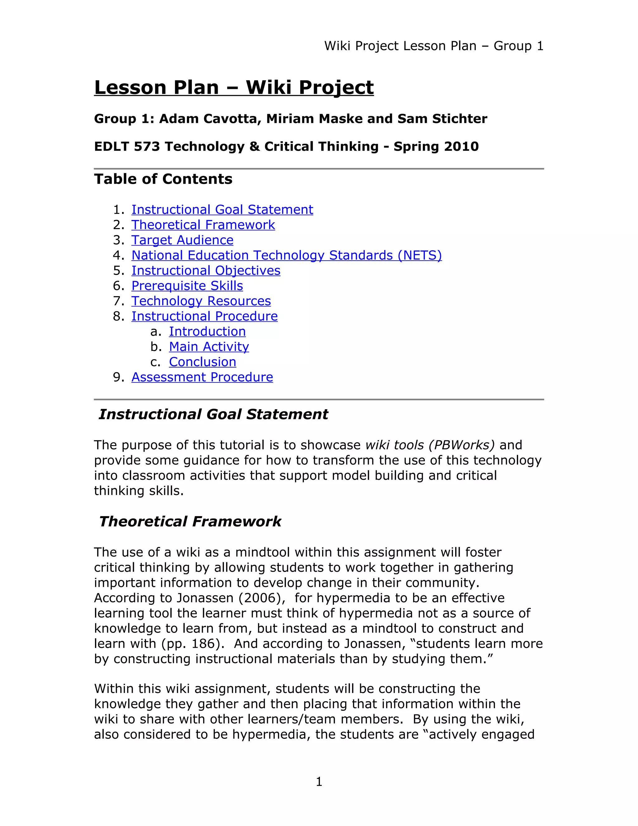 Lesson Plan: Wiki Project Group 1 | PDF