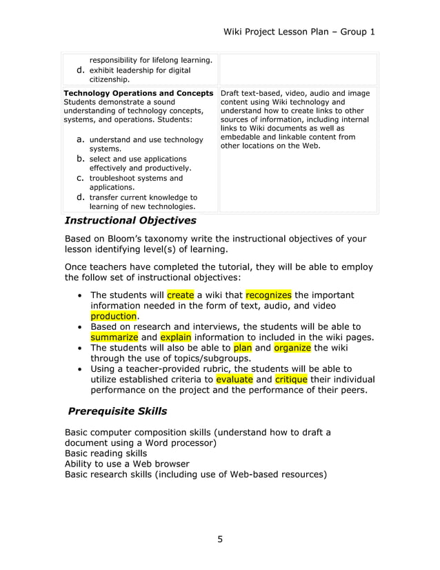 Lesson Plan: Wiki Project Group 1 | PDF