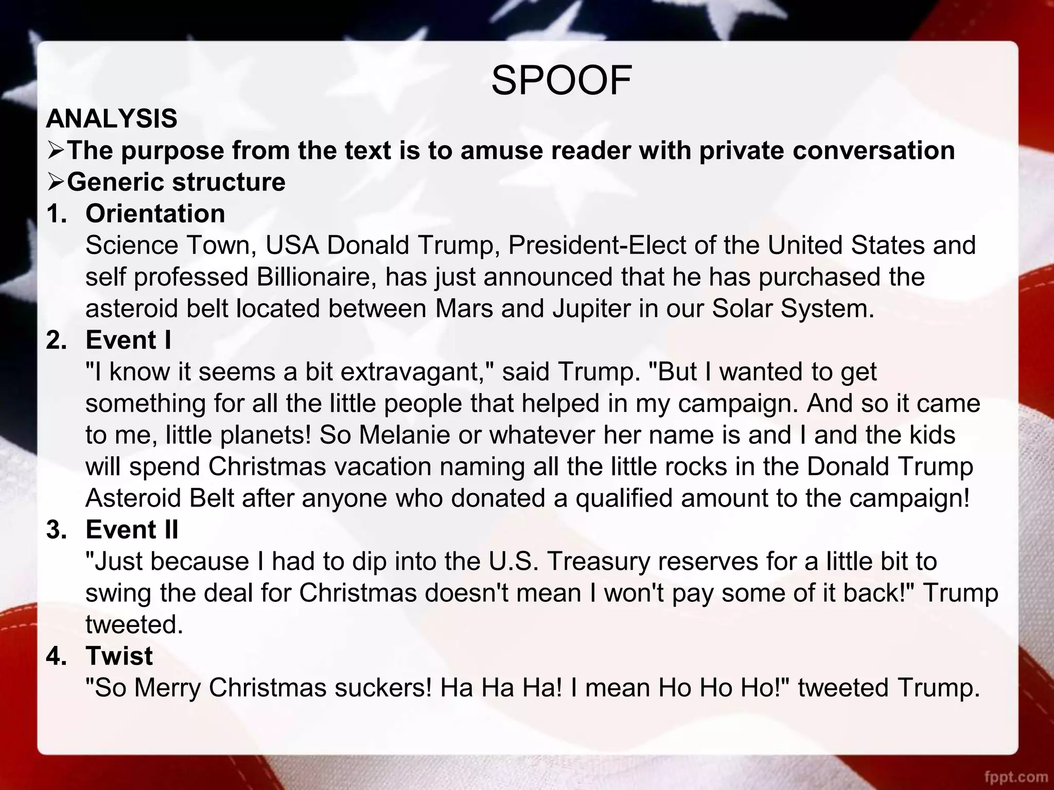 CONTOH SPOOF TEXT AND ANECDOTE TEXT WITH ANALYSIS | PPTX