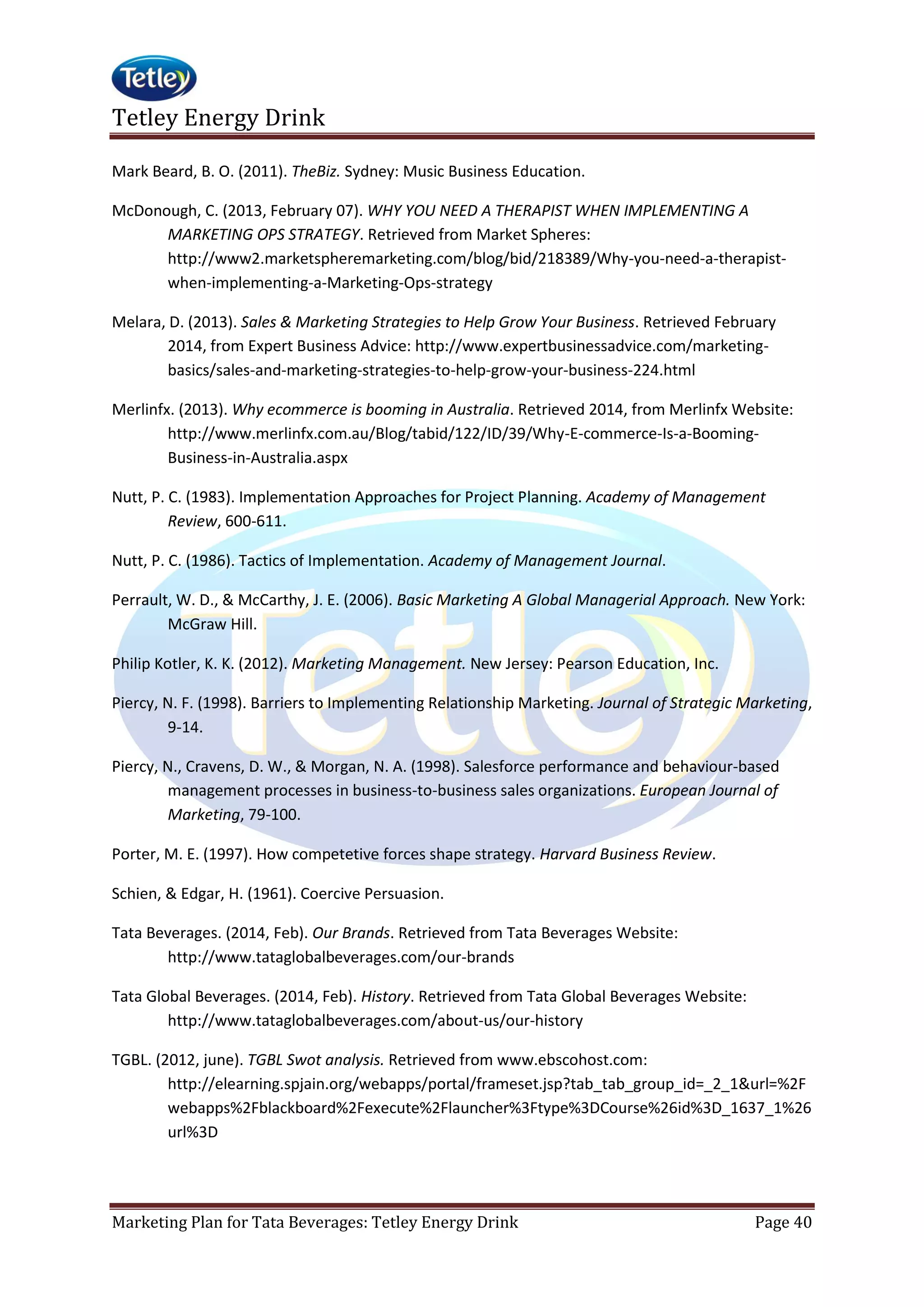 Market Plan for Tata Beverages - Tetley Energy Drink | PDF