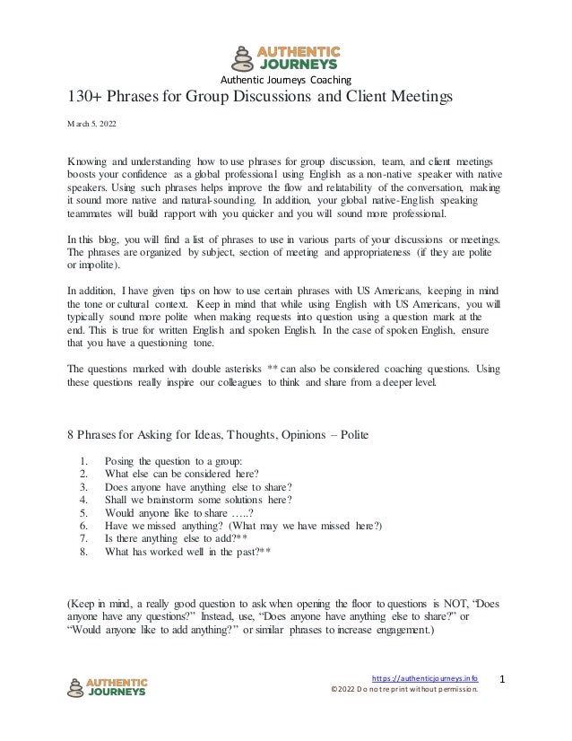 130+ Phrases for Group Discussions and Client Meetings | DOCX