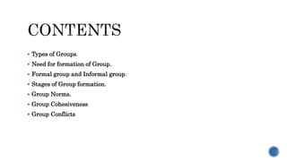 Types of Groups. Need for formation of Group. Formal group and Informal ...