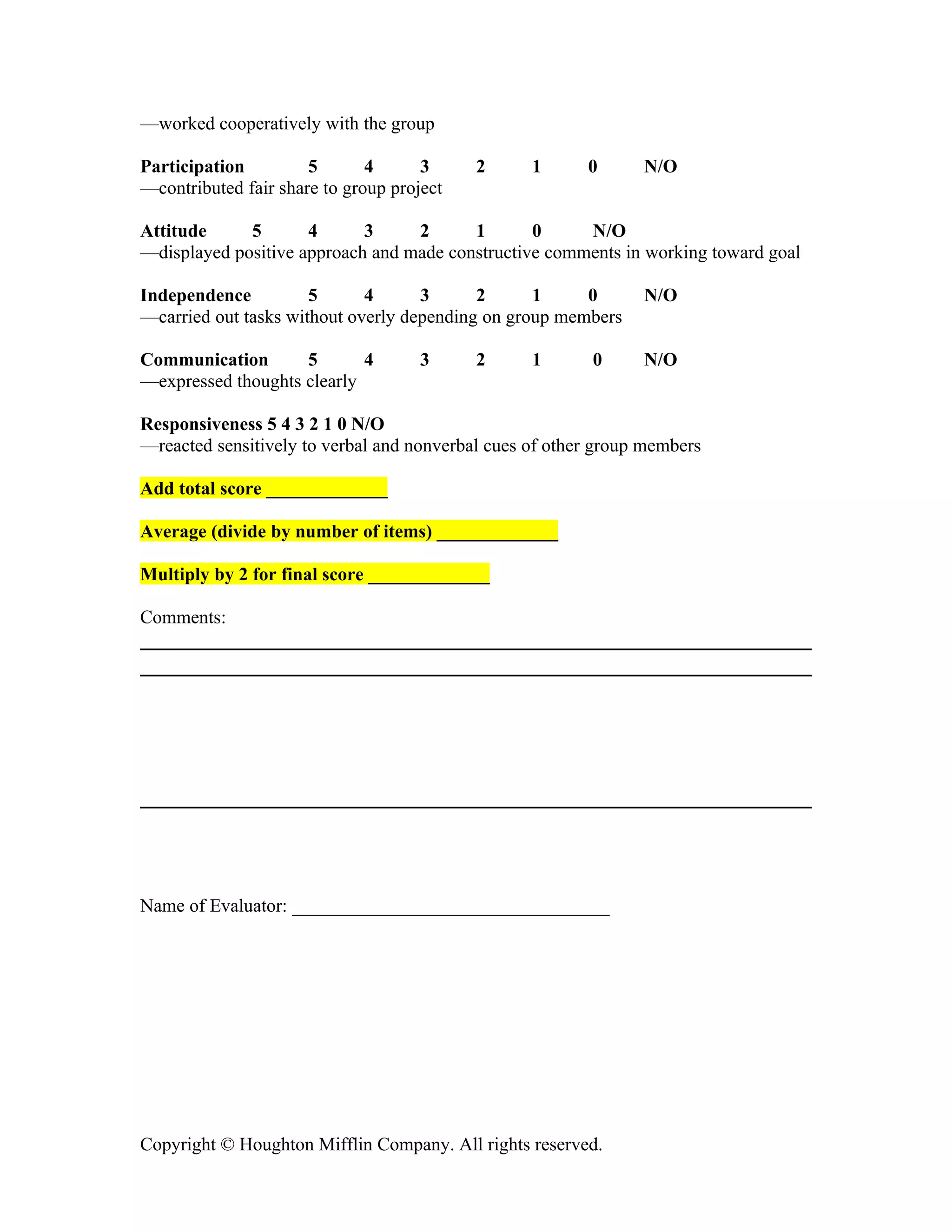 Group evaluation form | DOC
