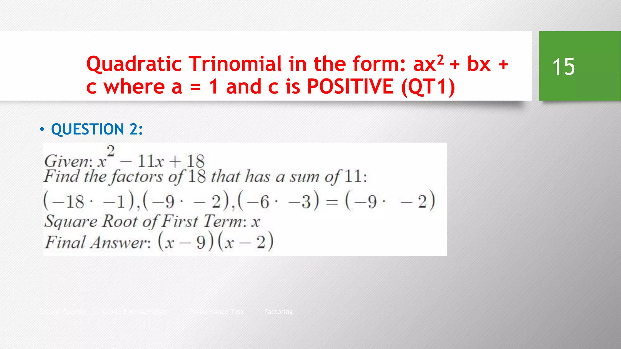 Second Quarter Group F Math Peta - Factoring (GCMF, DTS, STC, DTC, PST ...