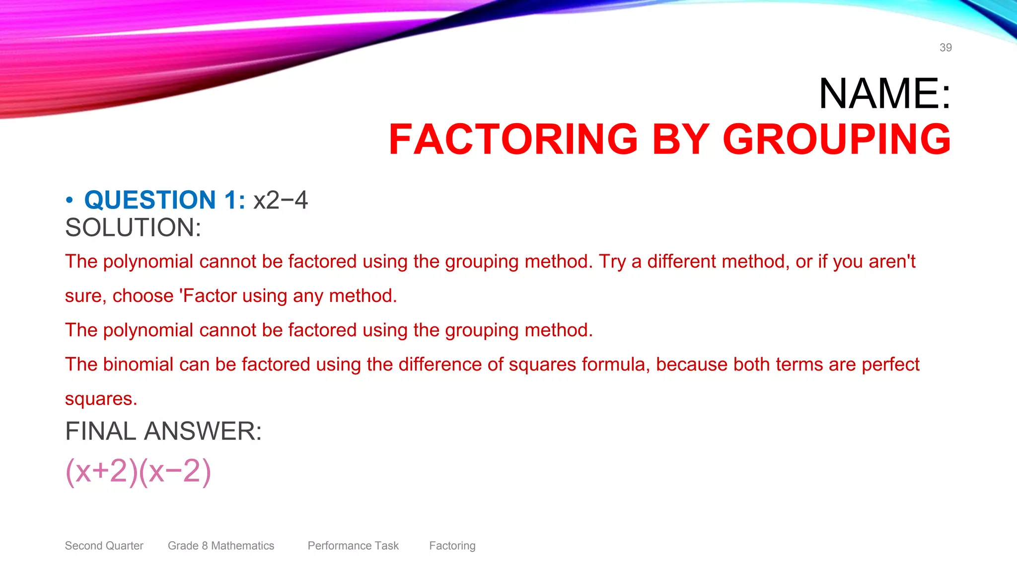 Second Quarter Group F Math Peta - Factoring (GCMF, DTS, STC, DTC, PST ...