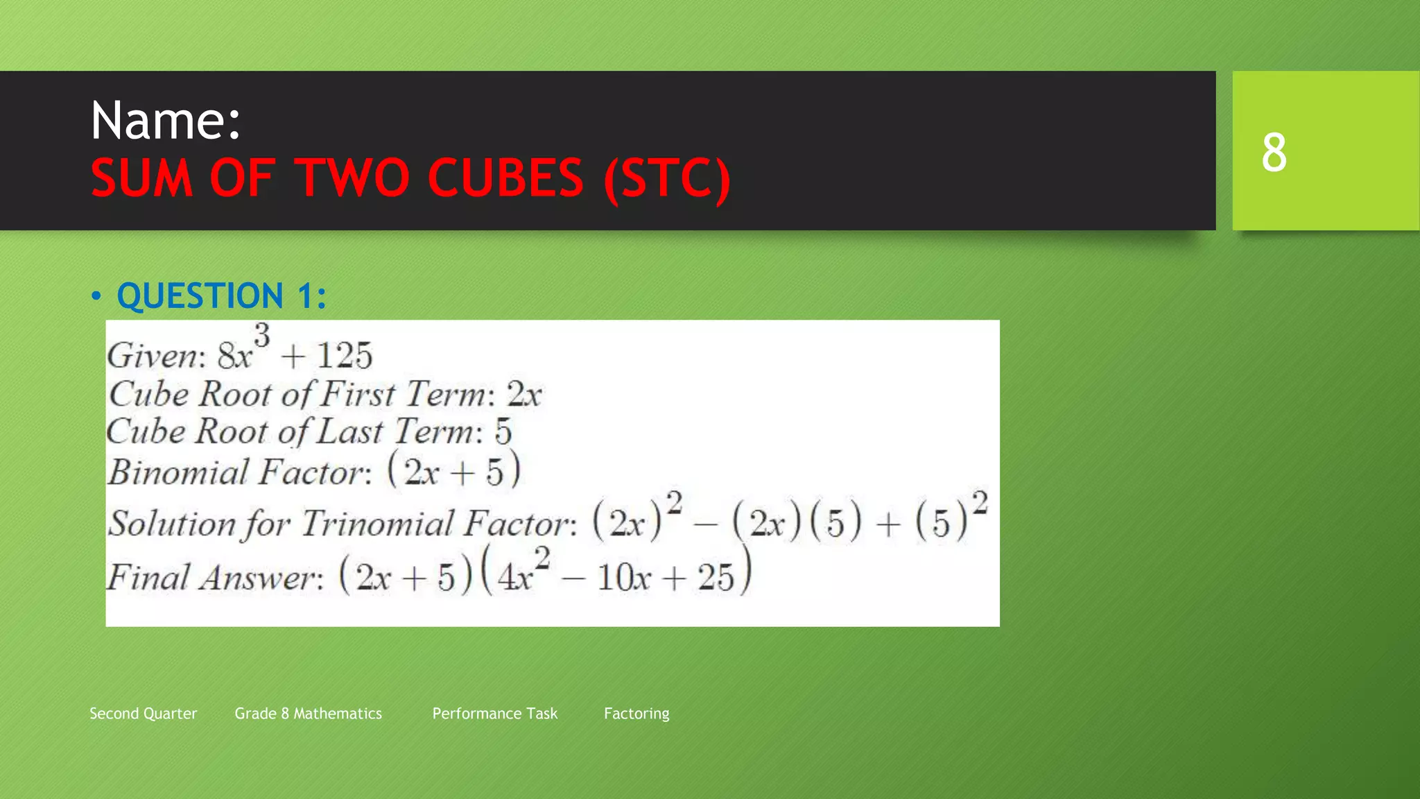 Second Quarter Group F Math Peta - Factoring (GCMF, DTS, STC, DTC, PST ...